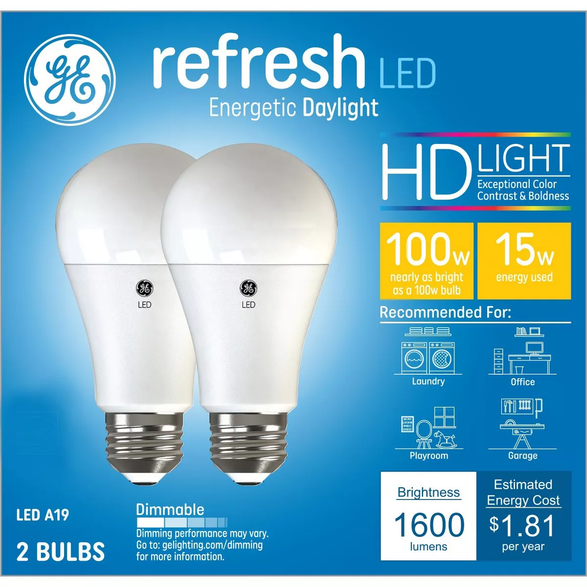 2pk 100W A19 LED Light Bulbs Daylight: 15W Equivalent, Dimmable, Energy ...