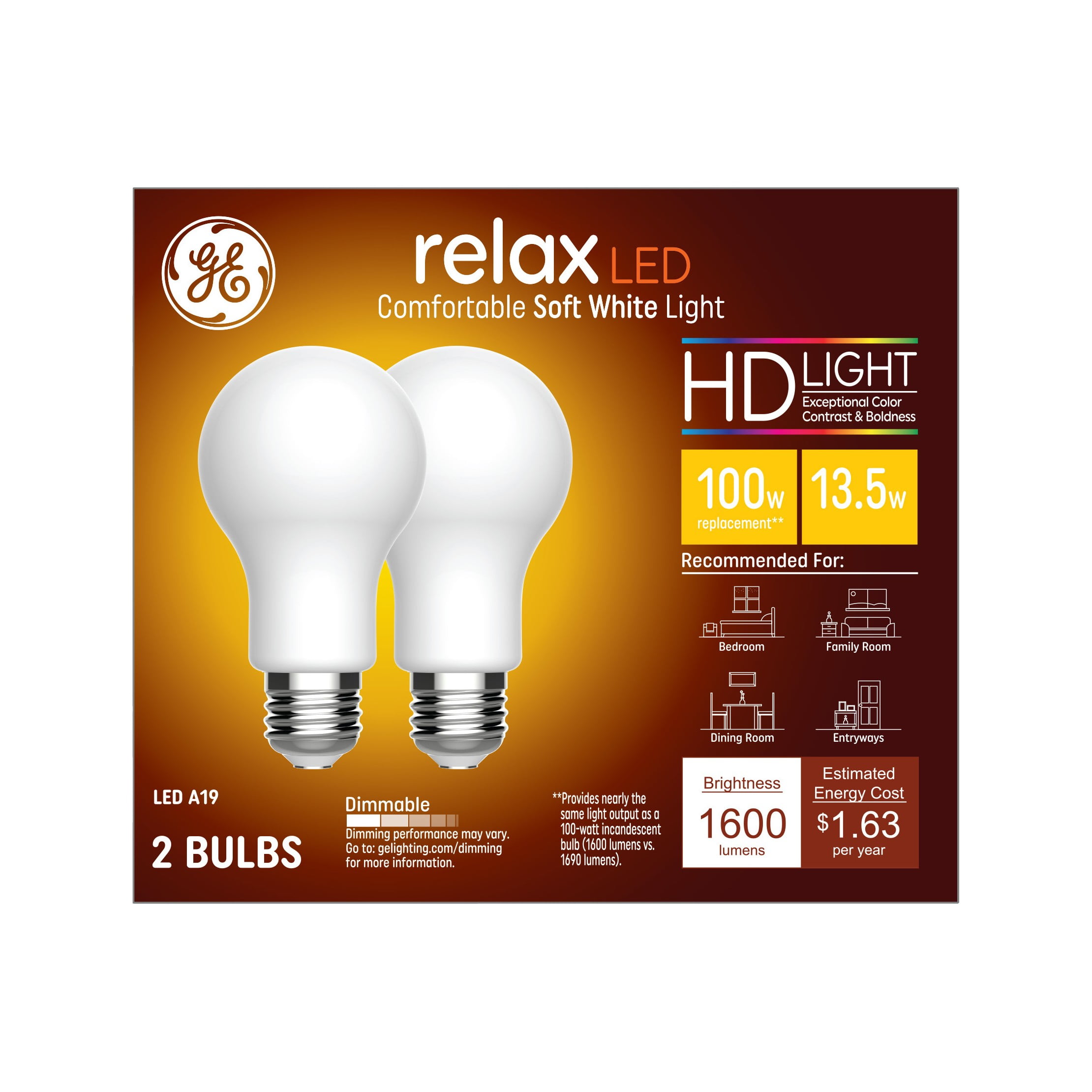 2pk 100W Relax A19 LED HD Light Bulbs Soft White: 100W Equivalent, 2700K, Dimmable, Energy Star ...