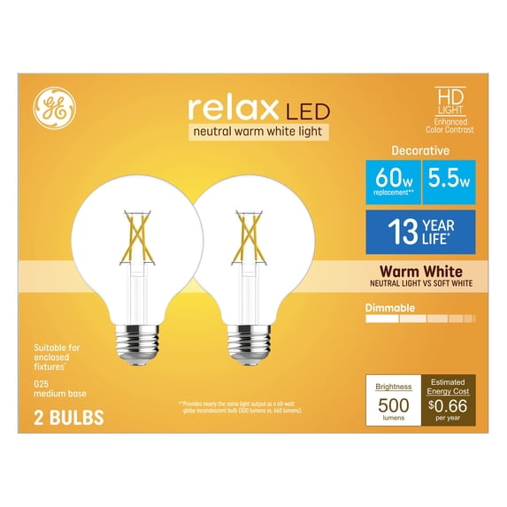 2pk 60W Relax G25 LED Bulbs Warm White: Dimmable, Energy Star Certified ...