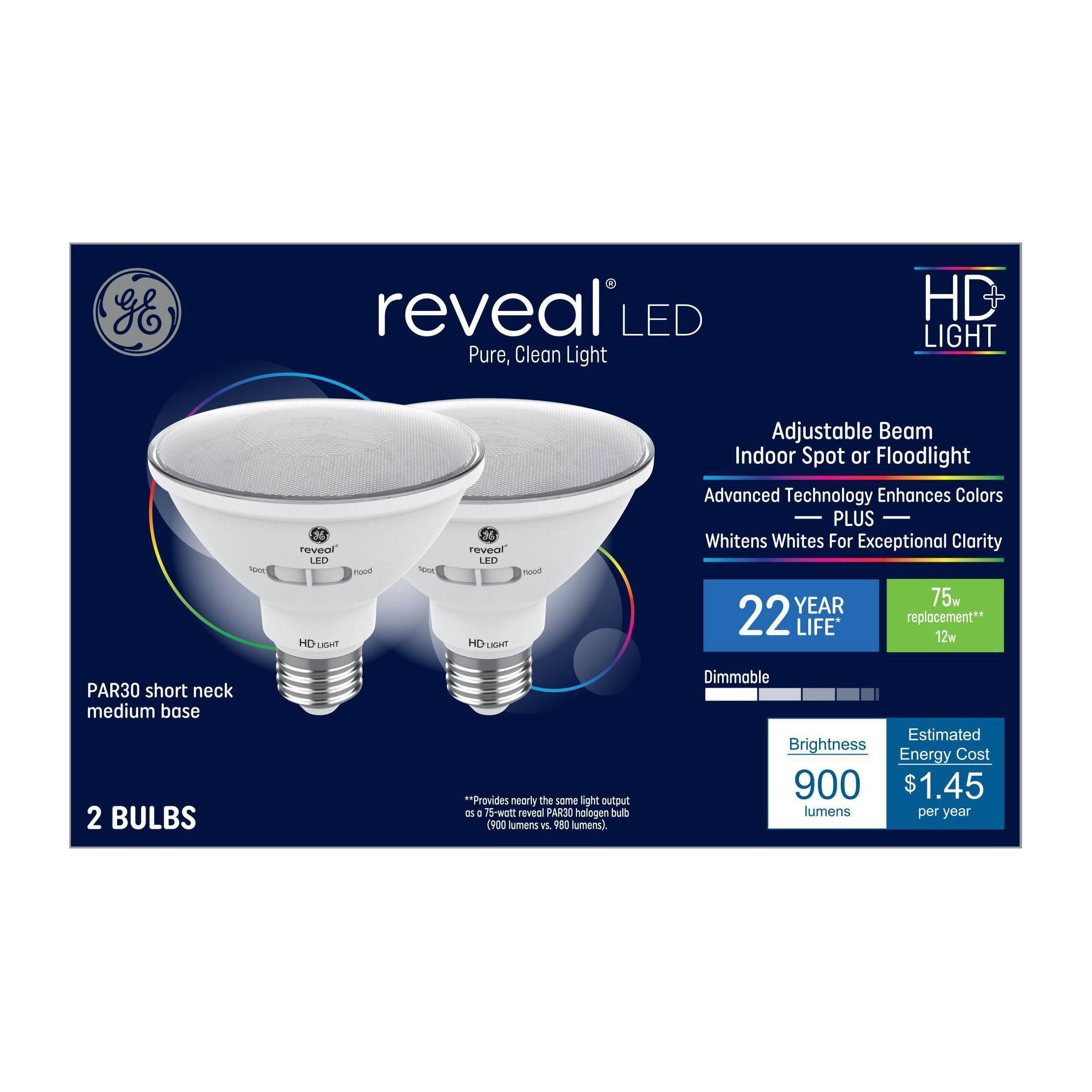 2pk 75W Reveal PAR30 LED Light Bulbs: Short Neck, Dimmable, 900 Lumens ...