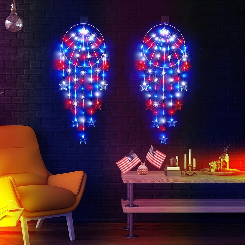 2pk Red White and Blue String Lights Outdoor Waterproof, Battery ...