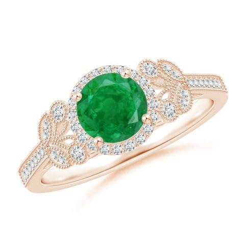 2wist Designs 18K Rose Gold Plated Round Emerald Green Halo Floral Leaf ...