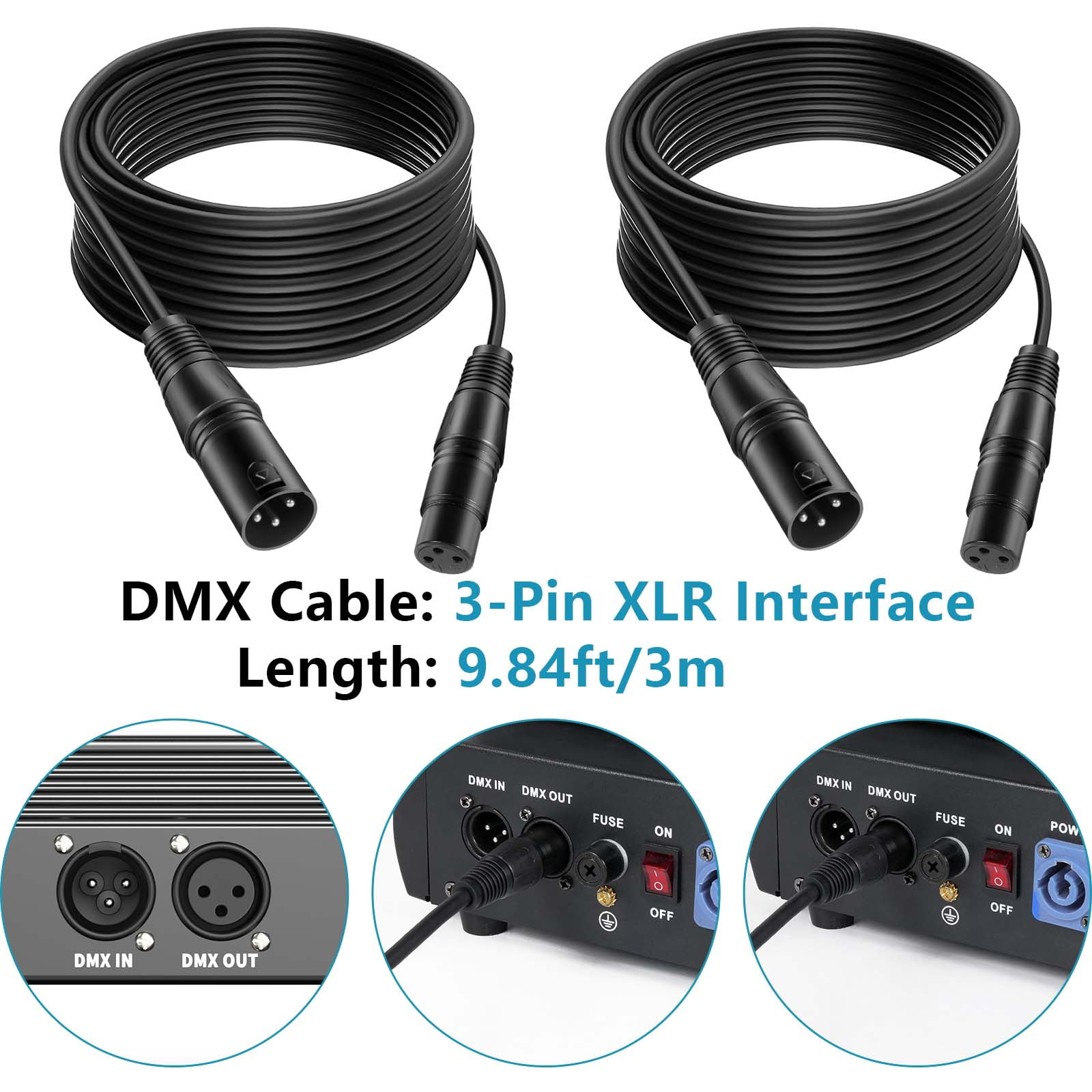 2x 3M DMX Cable 3-Pin XLR Male to Female DMX512 Data Cord with Shield ...