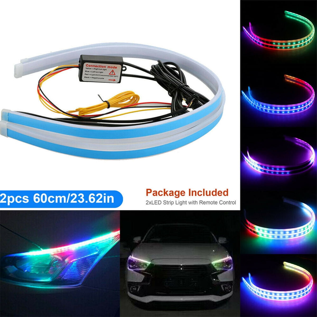 2x 60CM RGB Car LED DRL Daytime Running Lamp Strip Light Slim Flexible ...