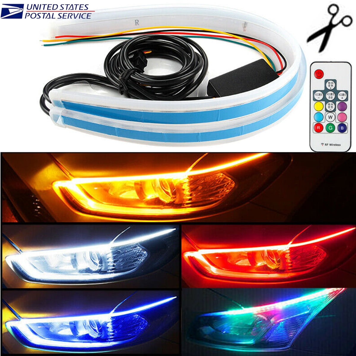 2x 60CM RGB Slim Sequential Flexible LED DRL Turn Signal Strip Remote ...