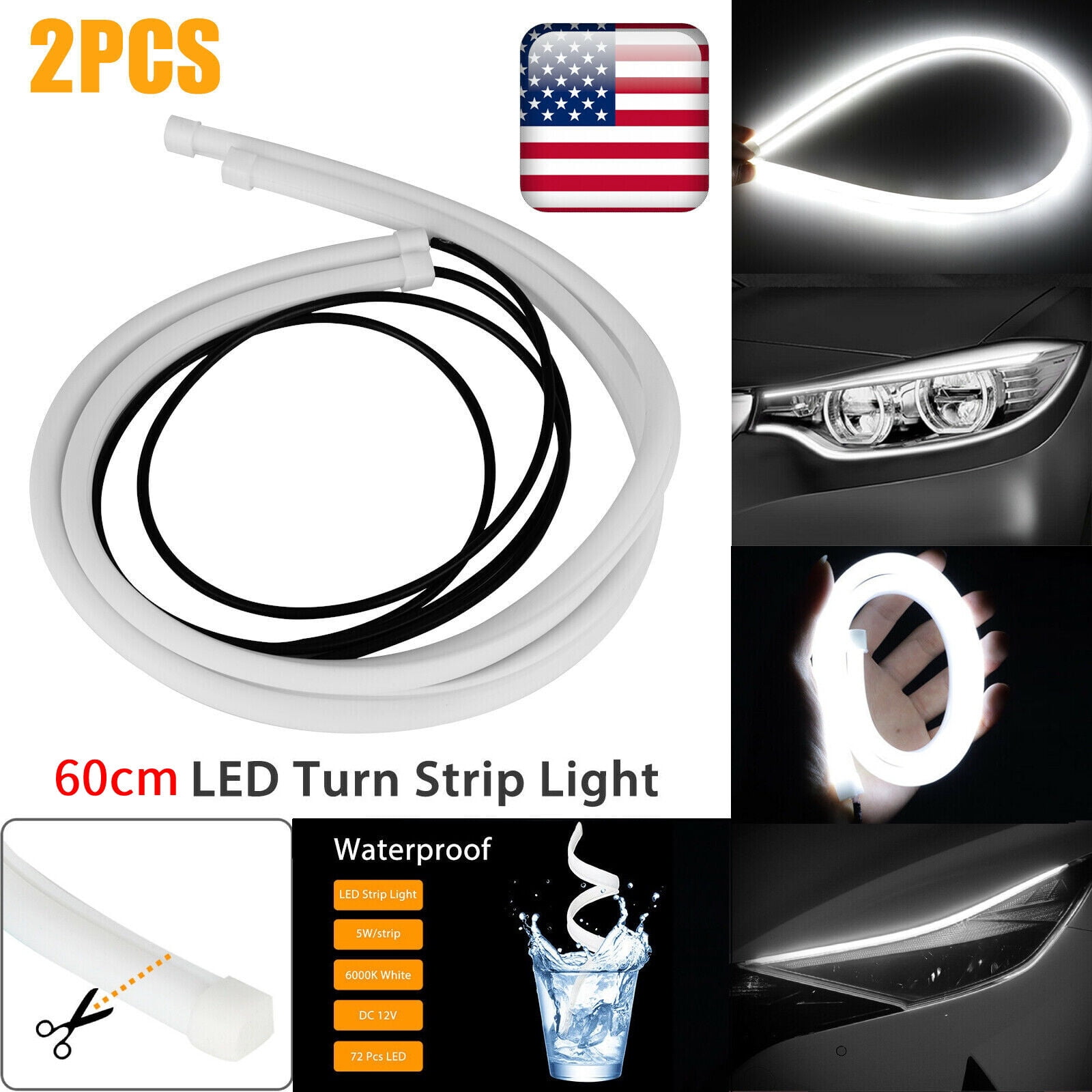 2x 60cm White Flexible Car LED DRL Tube Daytime Running Strip Light ...