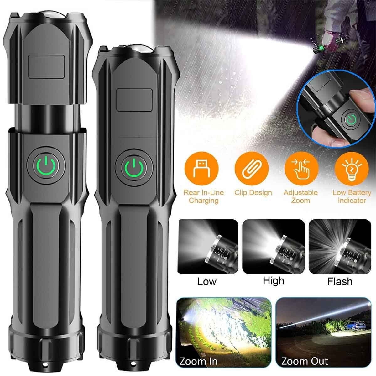2x 990000LM LED Flashlight Tactical Light Super Bright Torch USB ...