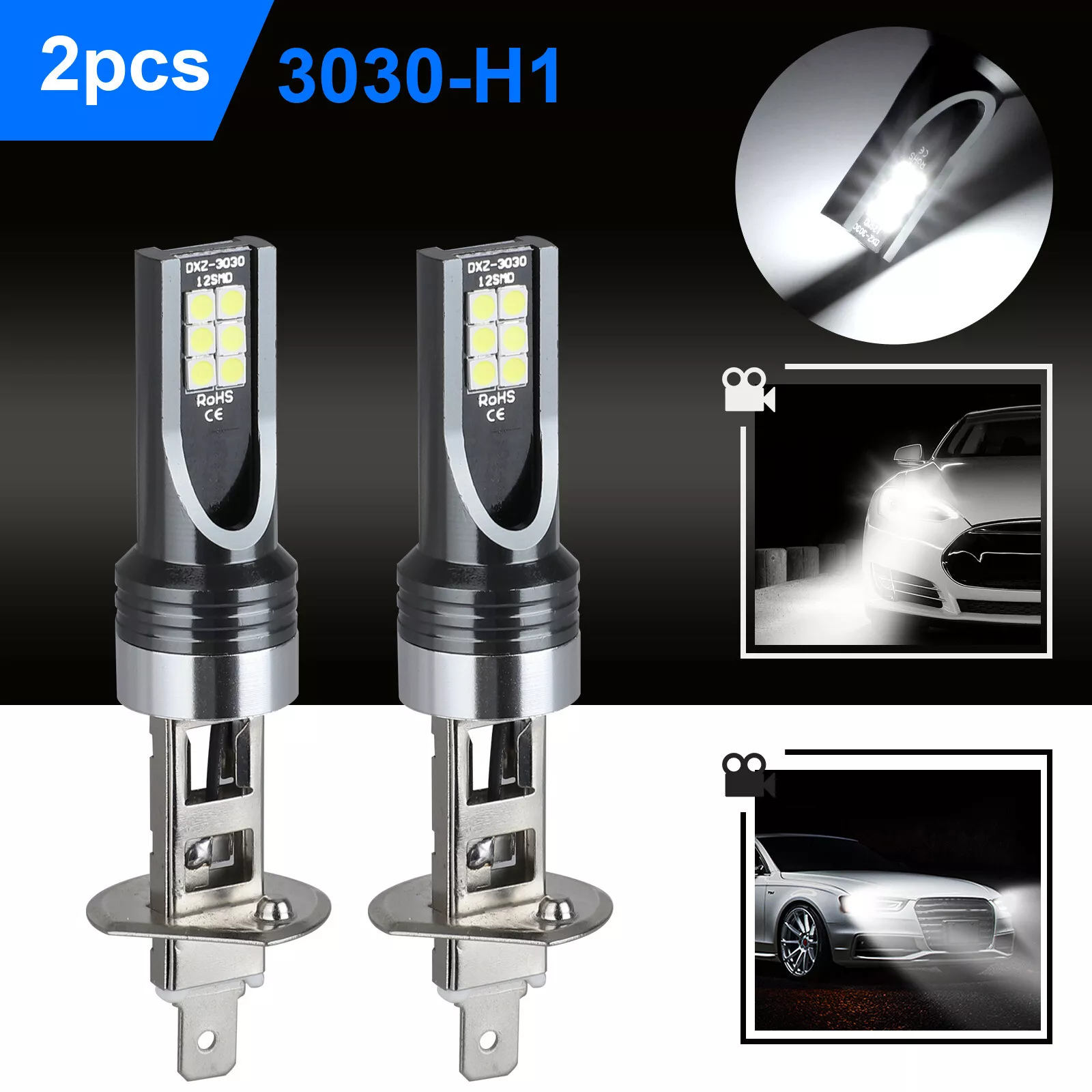 2x H1 LED Headlight Bulbs Conversion Kit High Low Beam 100W 6500K Super ...