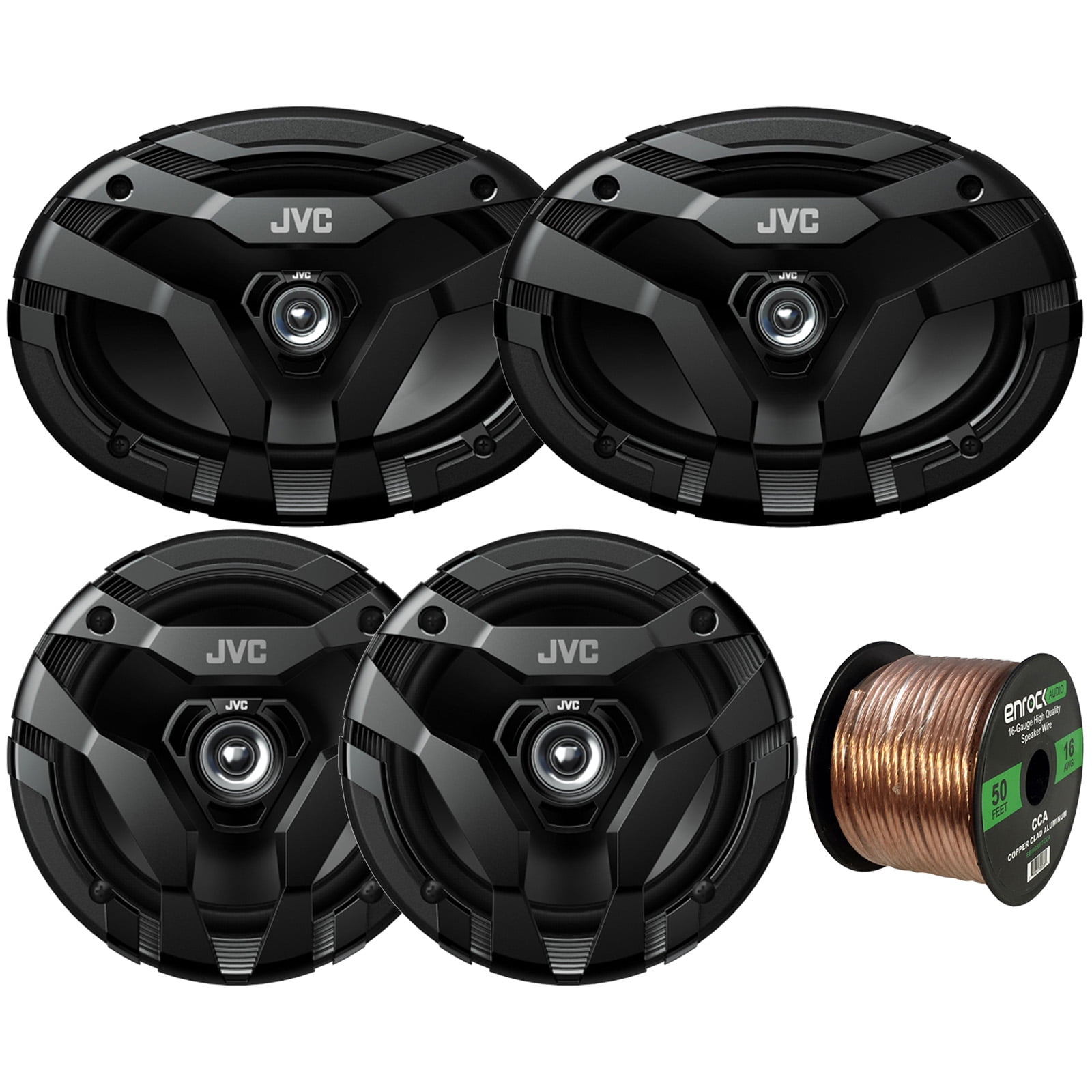 JVC Auto Stereo Set: 2x 6.5" & 2x 6x9" Coaxial Speakers, 300W & 400W Peak Power, 16 Gauge 50ft ...