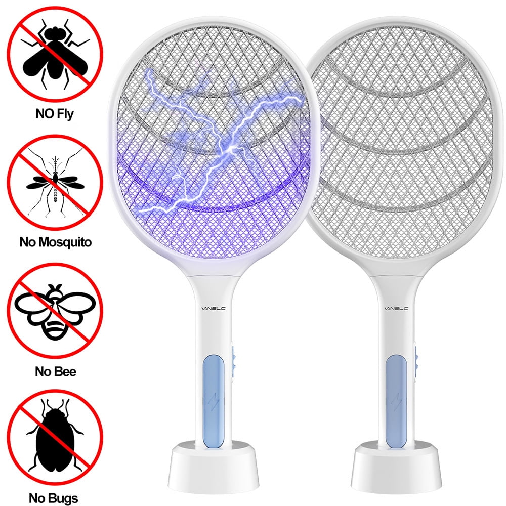 2x Rechargeable Fly Zapper Racket Flying Bug Zapper with LED Attractant ...