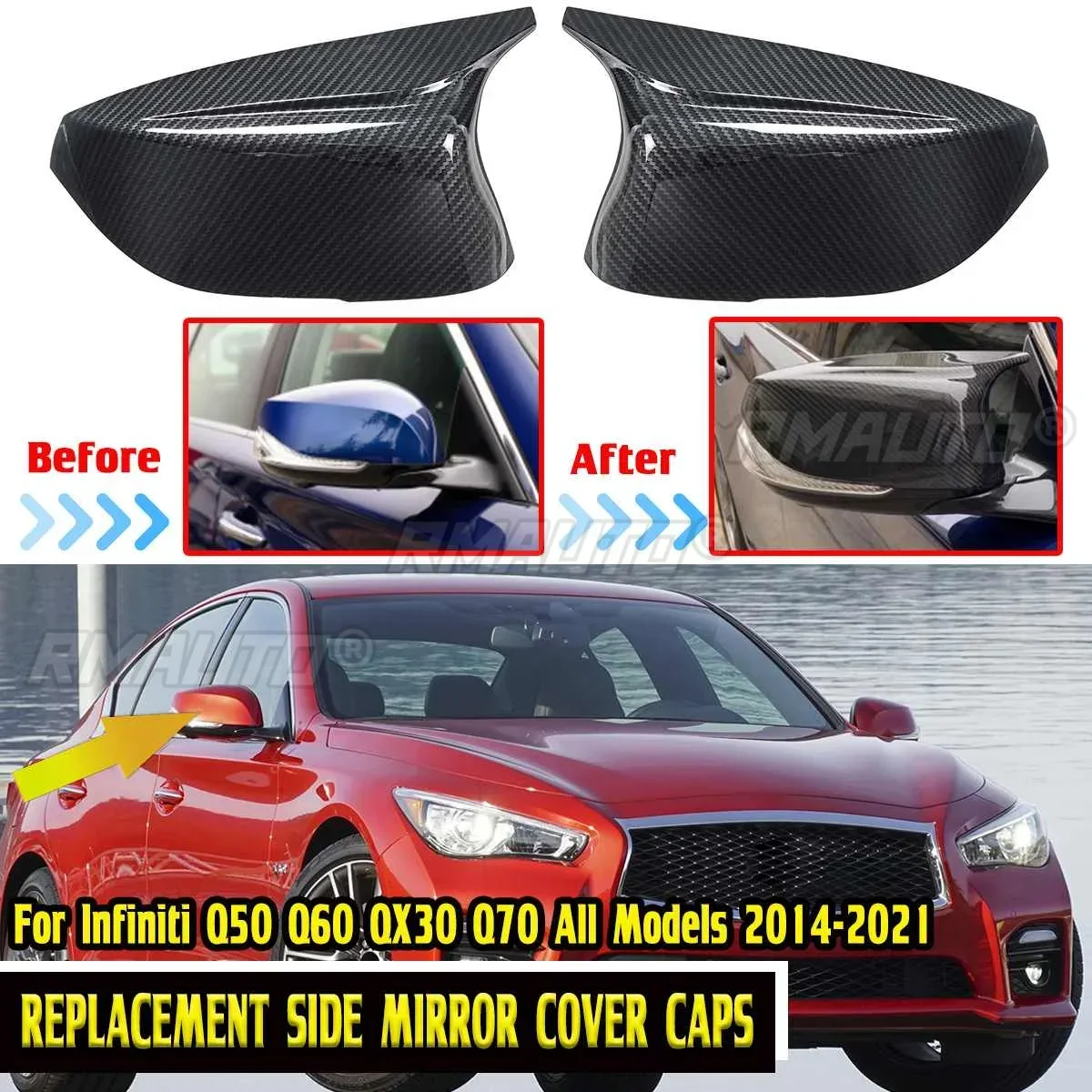 2x Replacement Car Side Door Rearview Mirror Cover For Infiniti Q50 Q60 ...