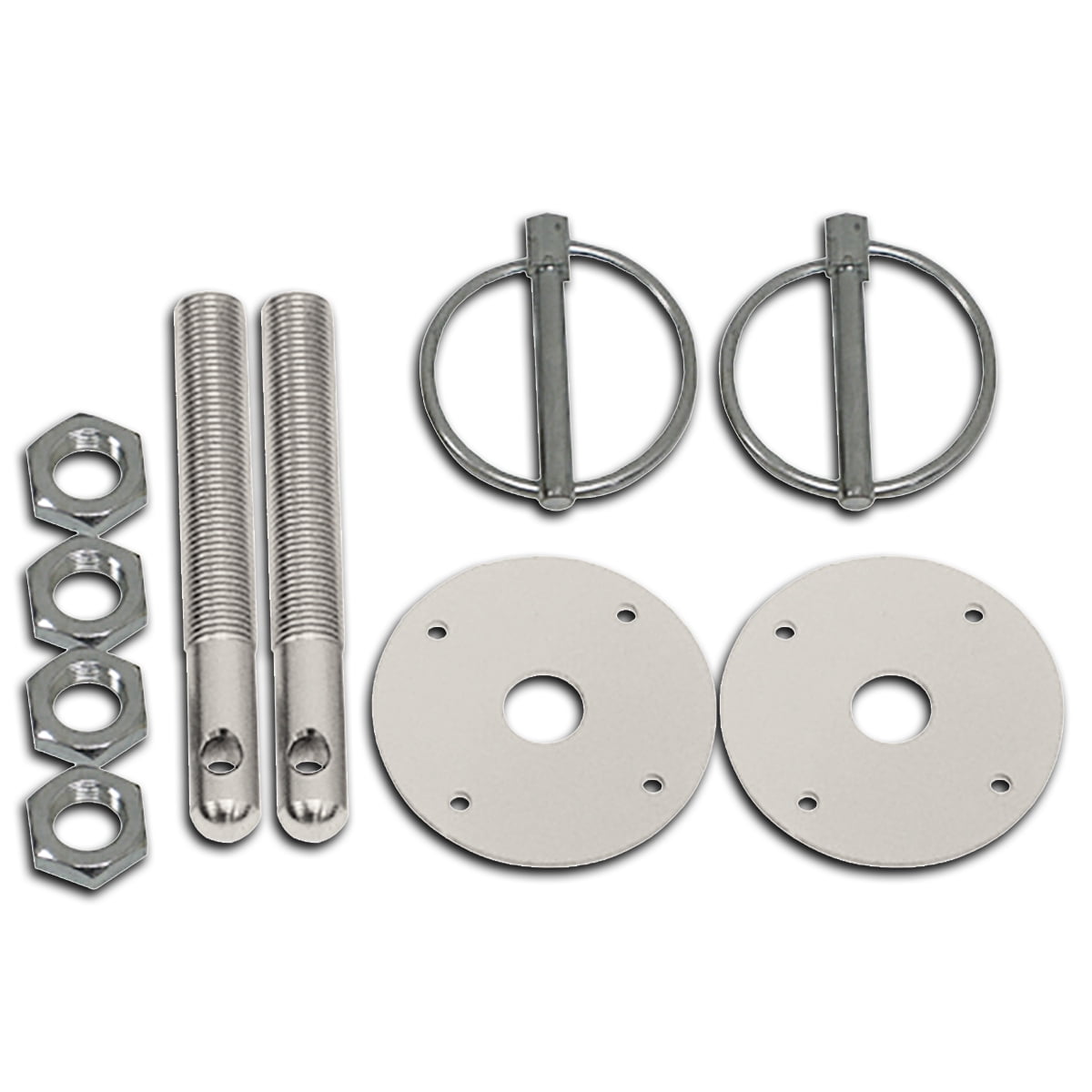 2x Silver Aluminum Hood Pin Kit 1/4 Flip Over Ring 1/2 x 4 Steel Pin ...