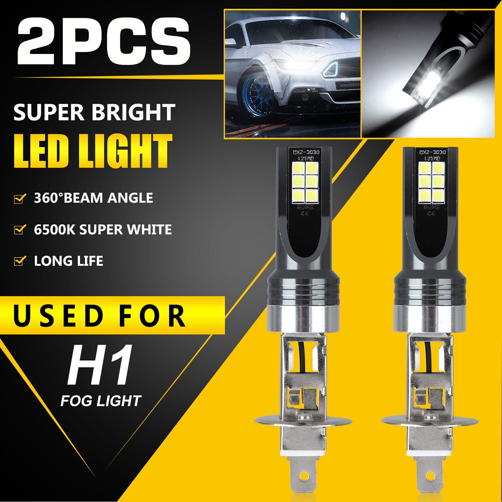 2x Super White H1 LED Headlight Bulb Conversion Kit High Low Beam Fog ...