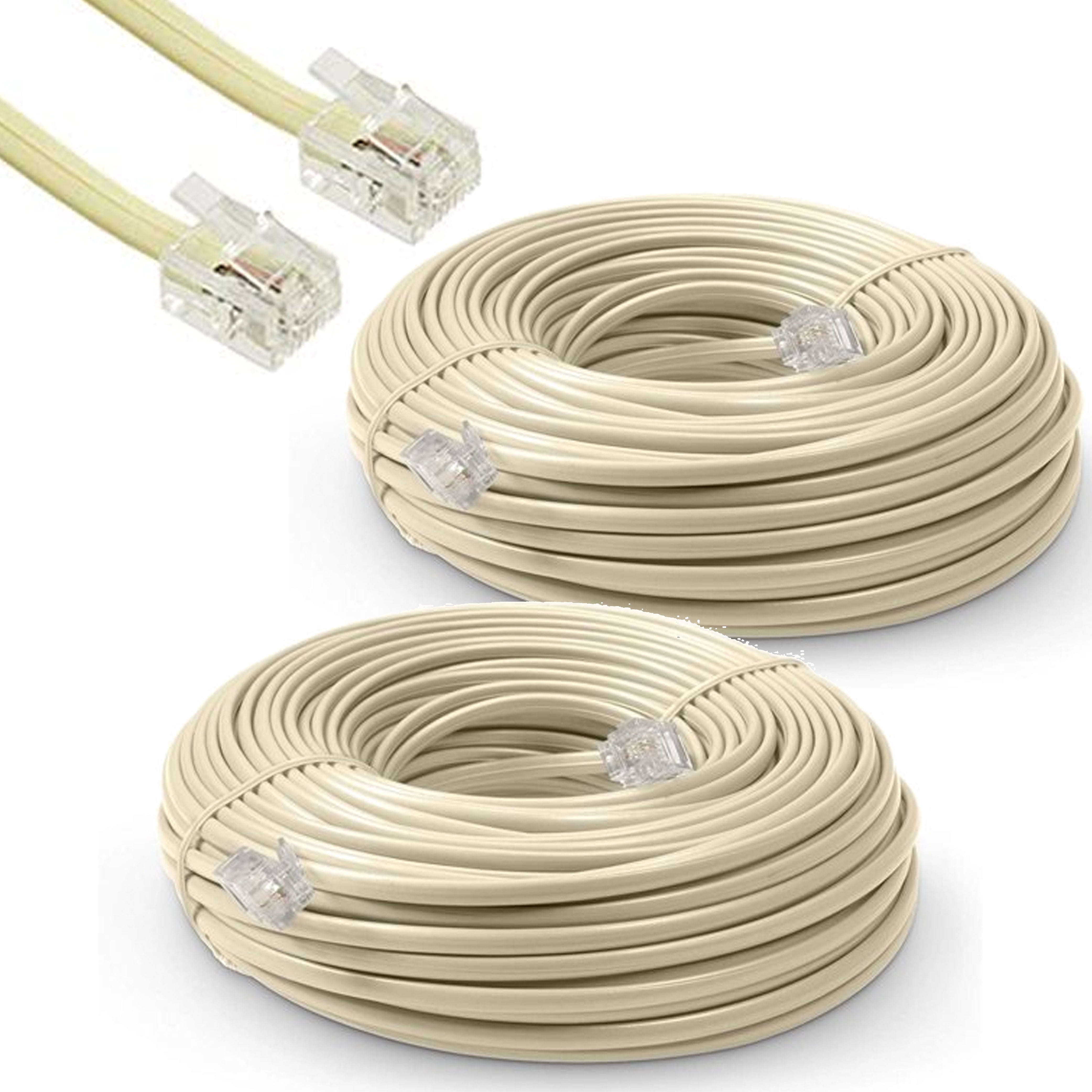 2x Telephone Extension Cord 38 FT Phone Cable Ivory Line Modular RJ11 ...