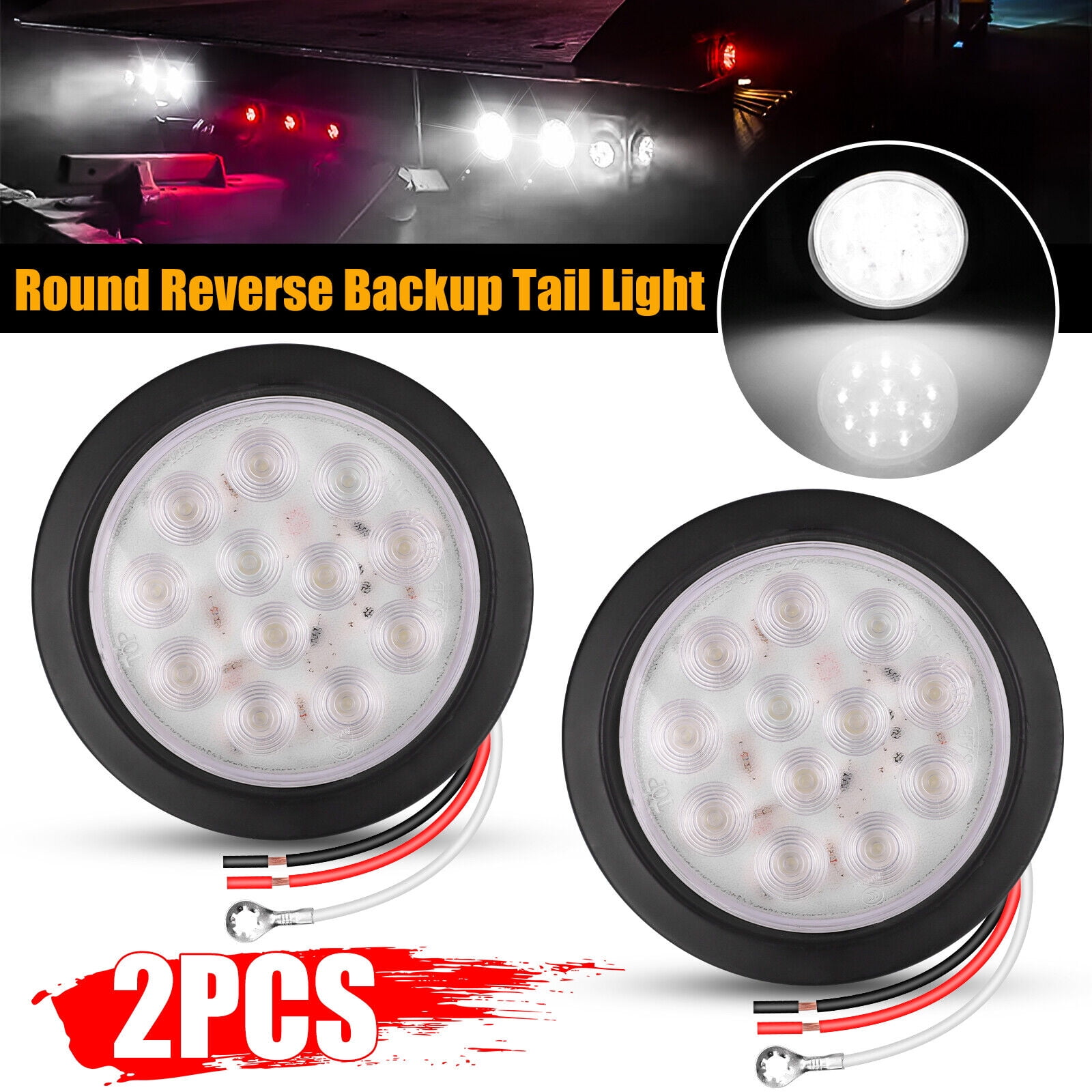 2x White 4" Inch Round LED Truck Trailer Reverse Backup Tail Stop Turn ...