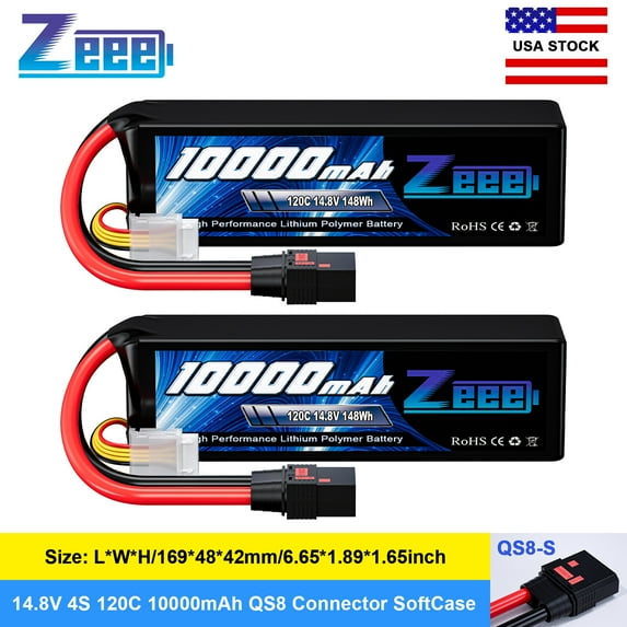 2x Zeee 4S Lipo Battery 10000mAh QS8 Plug 14.8V 120C Soft Pack for Xmaxx RC Car - Walmart.com