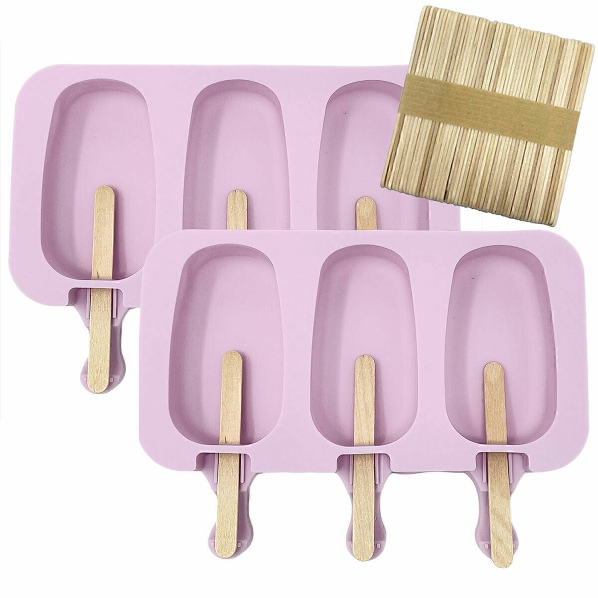 2x silicone molds ice lolly ice cream mold with lid + 100 wooden sticks ...