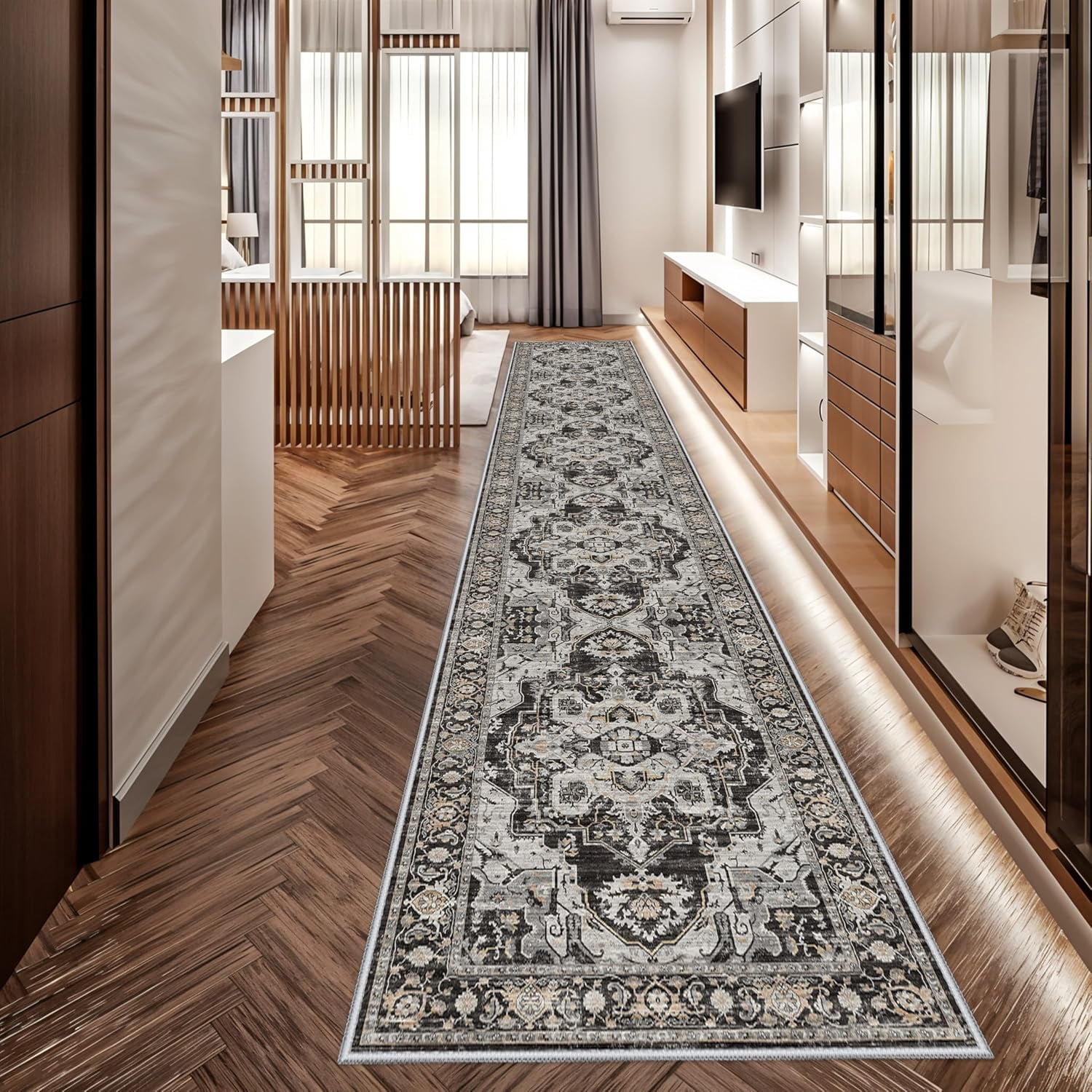2x12 Washable Runner Rug, Vintage Non-Slip Thin Carpet, Black for ...