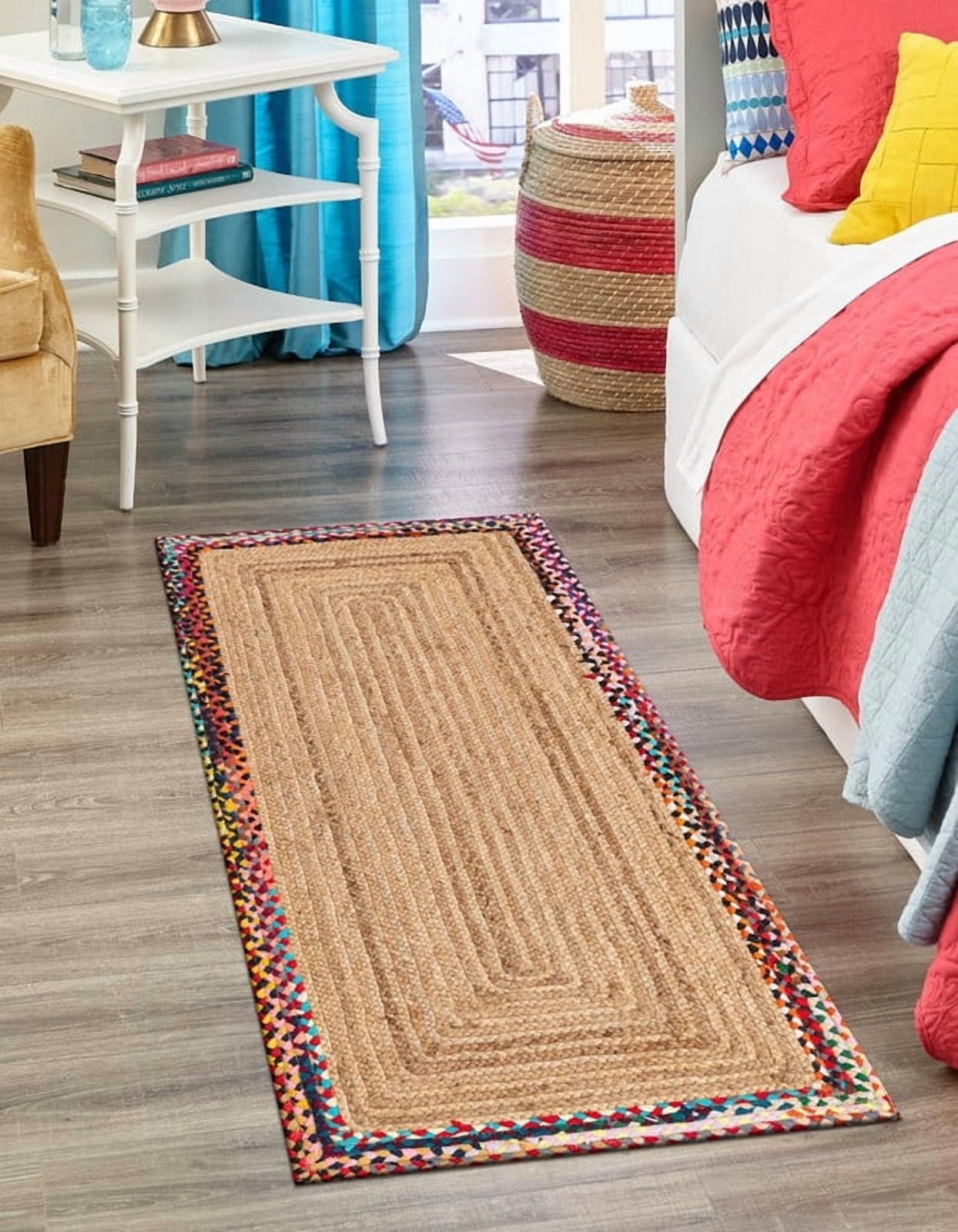 2x15 Ft Multi & Natural Jute Area Rug, Hand-Woven, Reversible ...