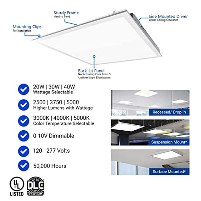 2x2 FT LED Light Flat Panel, 20/30/40W, Color Temperature Selectable 3K ...