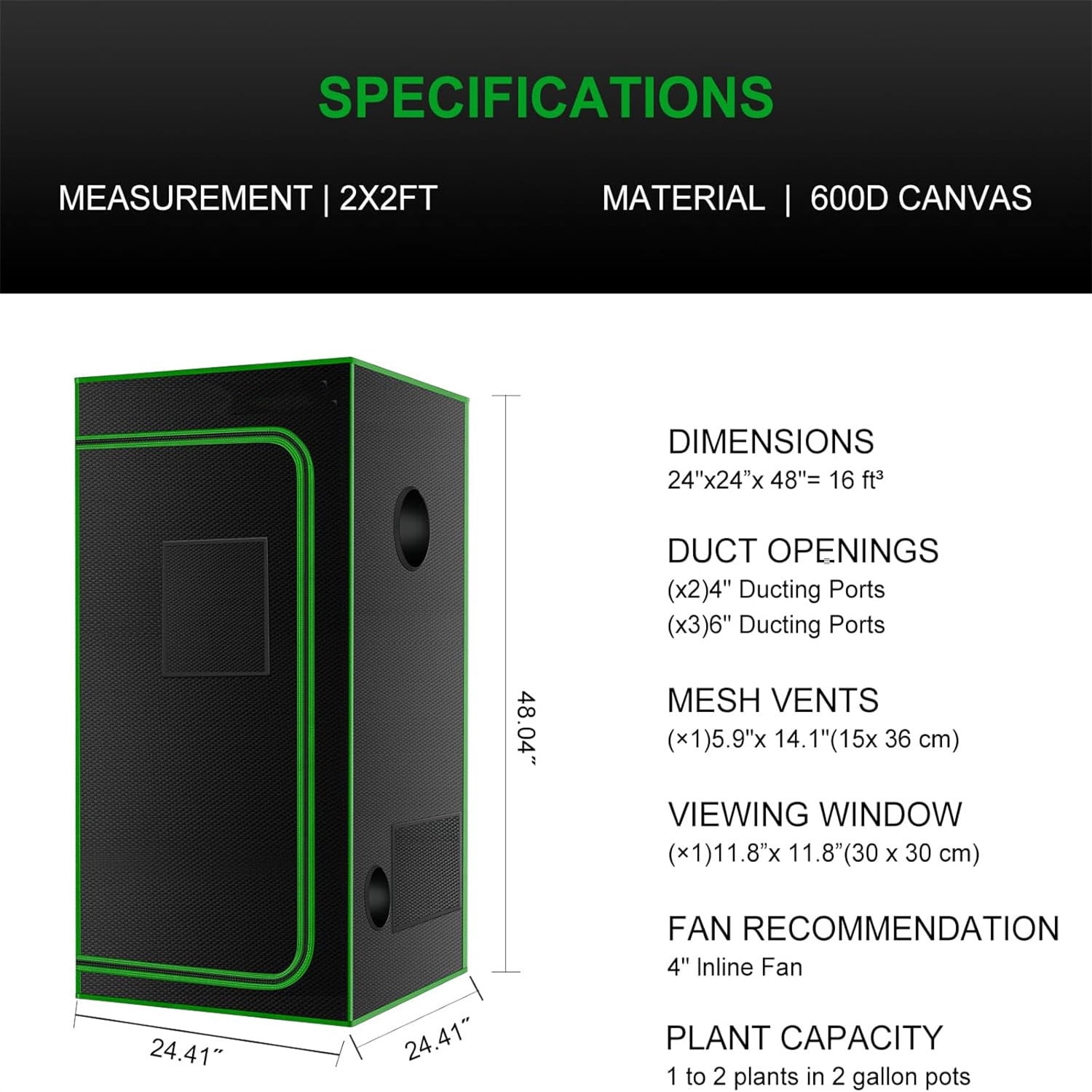 2x2 Grow Tent, 24"x24"x48'' High Reflective 600D Diamond Mylar Canvas ...