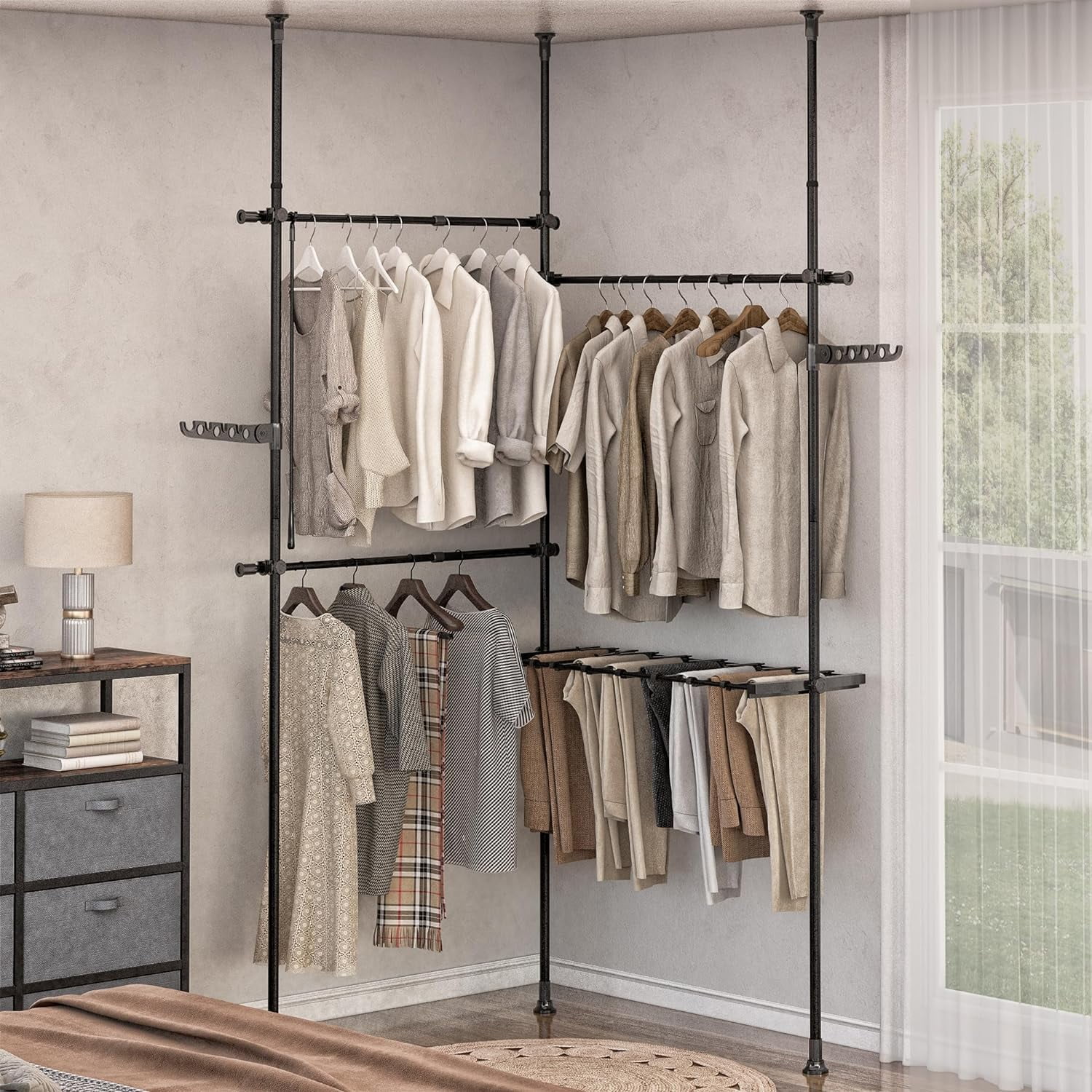 2x2-Tier Floor to Ceiling Clothes Racks, Adjustable Clothing Rack with ...
