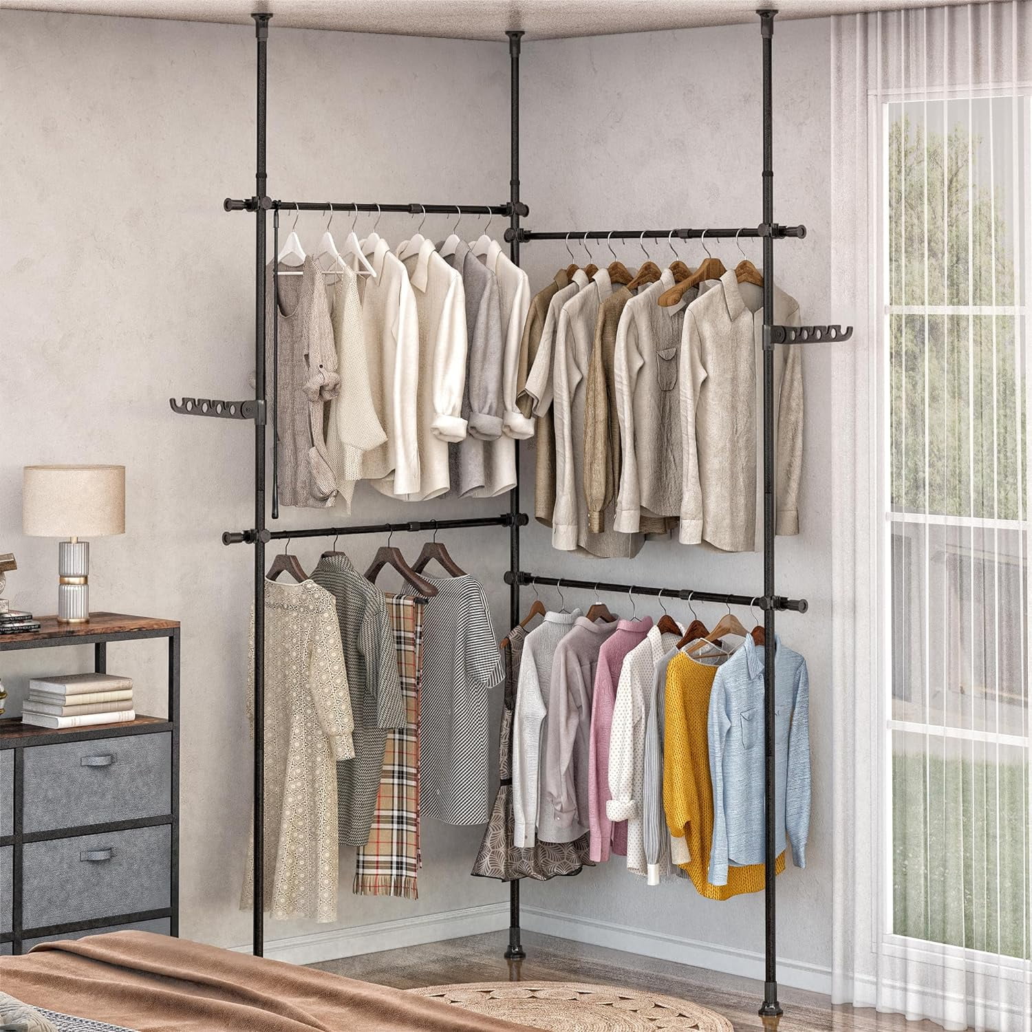 2x2-Tier Floor to Ceiling Clothes Racks, Adjustable Clothing Rack with ...