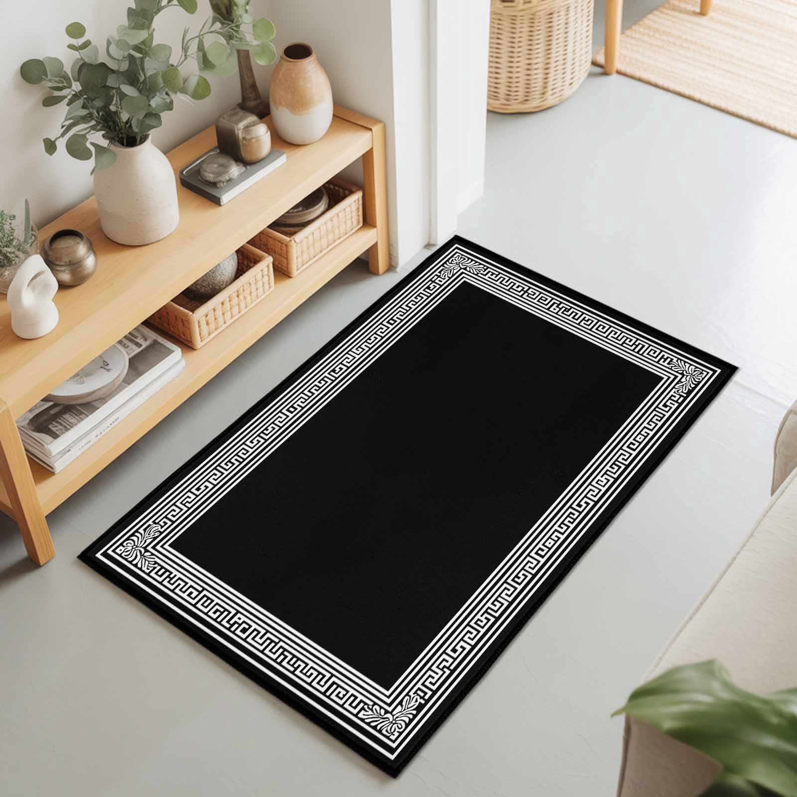 2x3 Black Greece Key Small Area Rug for Entryway, Washable Non Slip Low ...