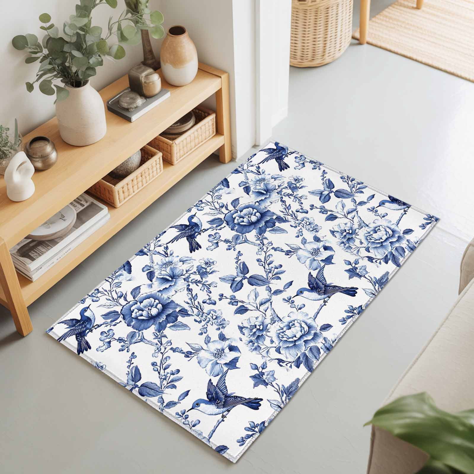 2x3 Blue Flowers Small Area Rug for Entryway, Washable Non Slip Low ...