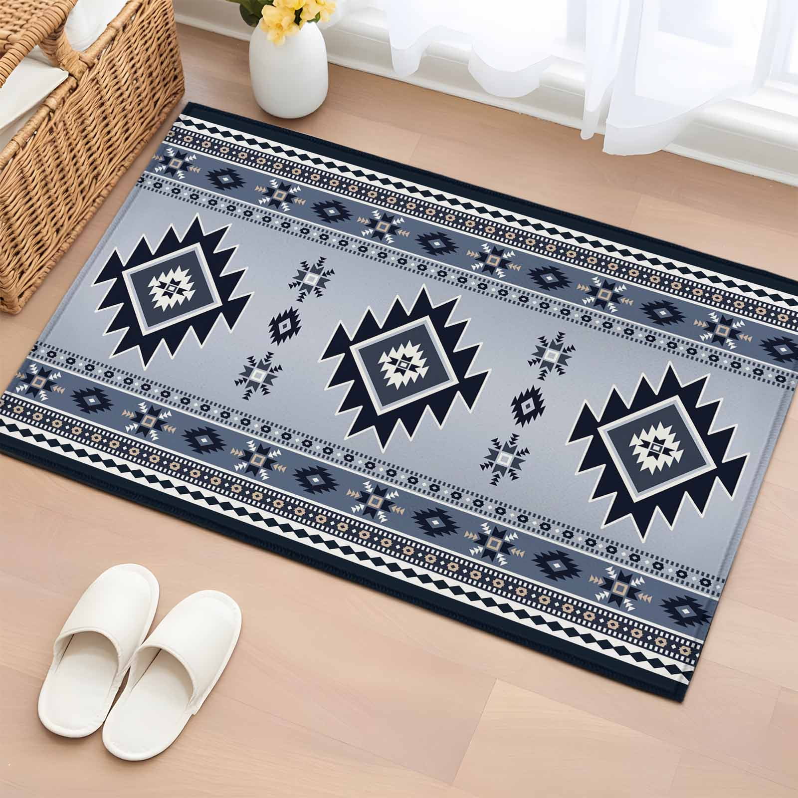 2x3 Door Mat Rug, Blue Aztec Non-Skid Rubber Backing Large Rectangle ...