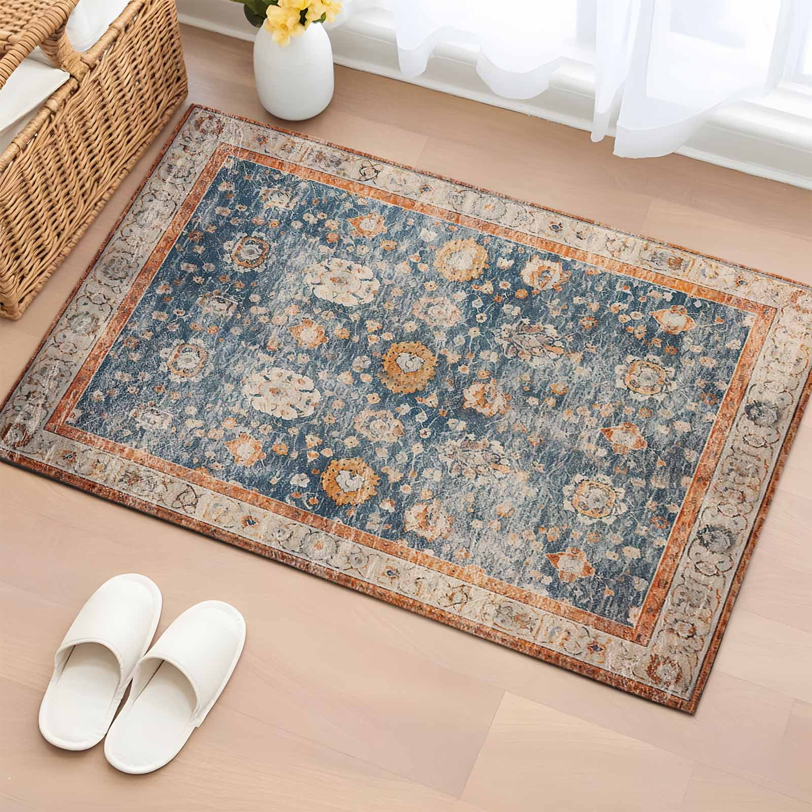 2x3 Door Mat Rug, Blue Beige Vintage Non-Skid Rubber Backing Large ...