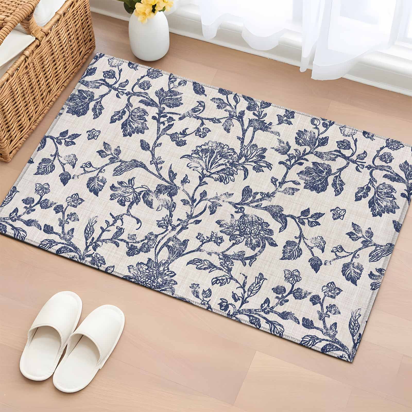 2x3 Door Mat Rug, Blue Floral Leaf Non-Skid Rubber Backing Large ...