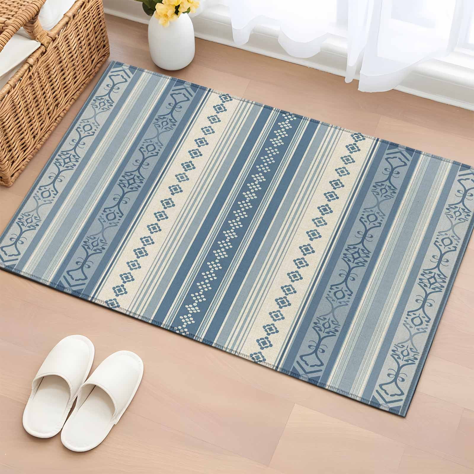 2x3 Door Mat Rug, Blue Geometric Non-Skid Rubber Backing Large ...