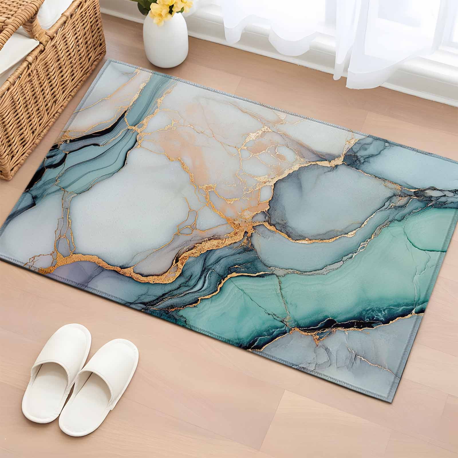 2x3 Door Mat Rug, Blue Teal Marble Non-Skid Rubber Backing Large ...