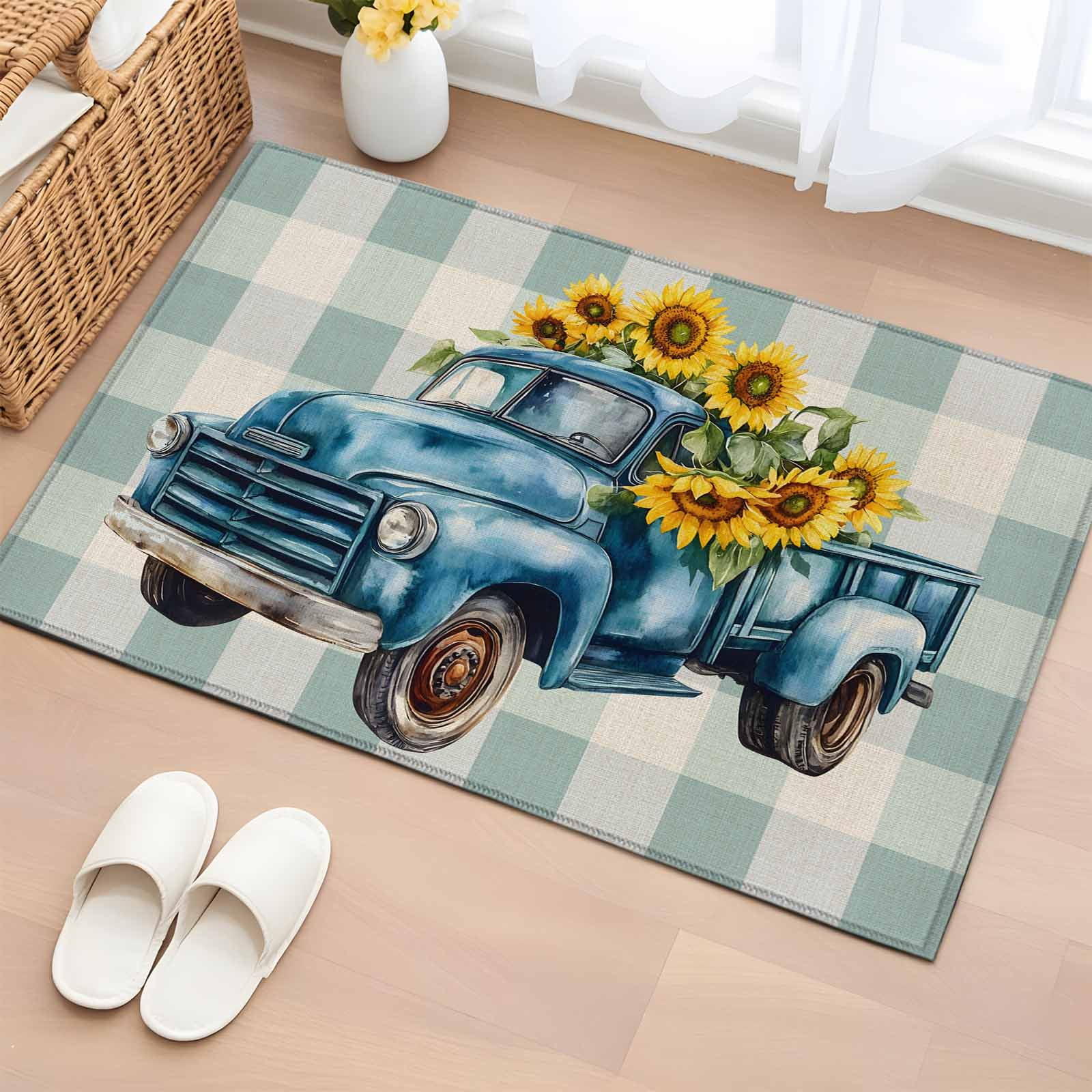 2x3 Door Mat Rug, Blue Truck Yellow Sunflower Non-Skid Rubber Backing ...