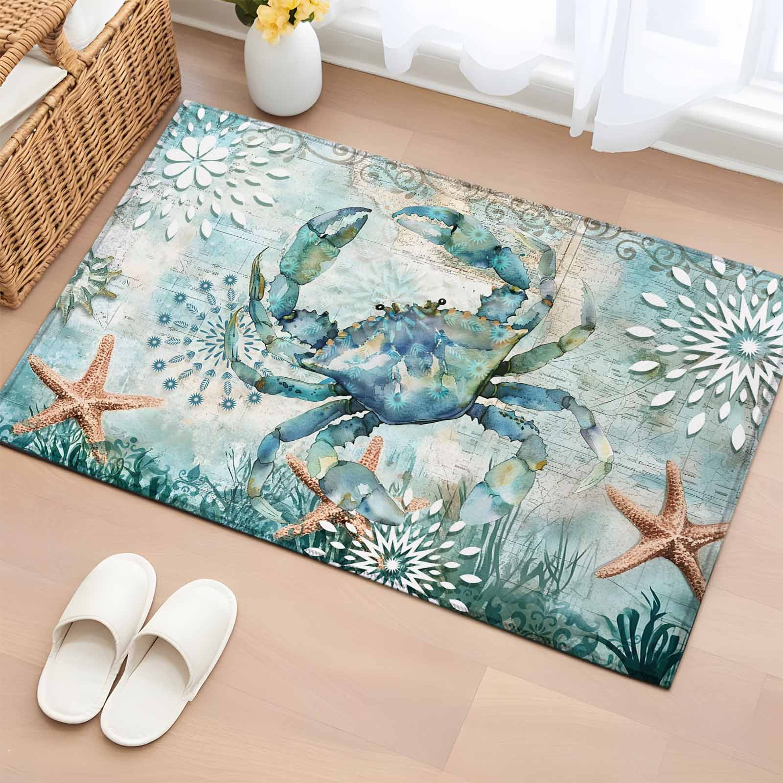 2x3 Door Mat Rug, Coastal Crab Non-Skid Rubber Backing Large Rectangle ...