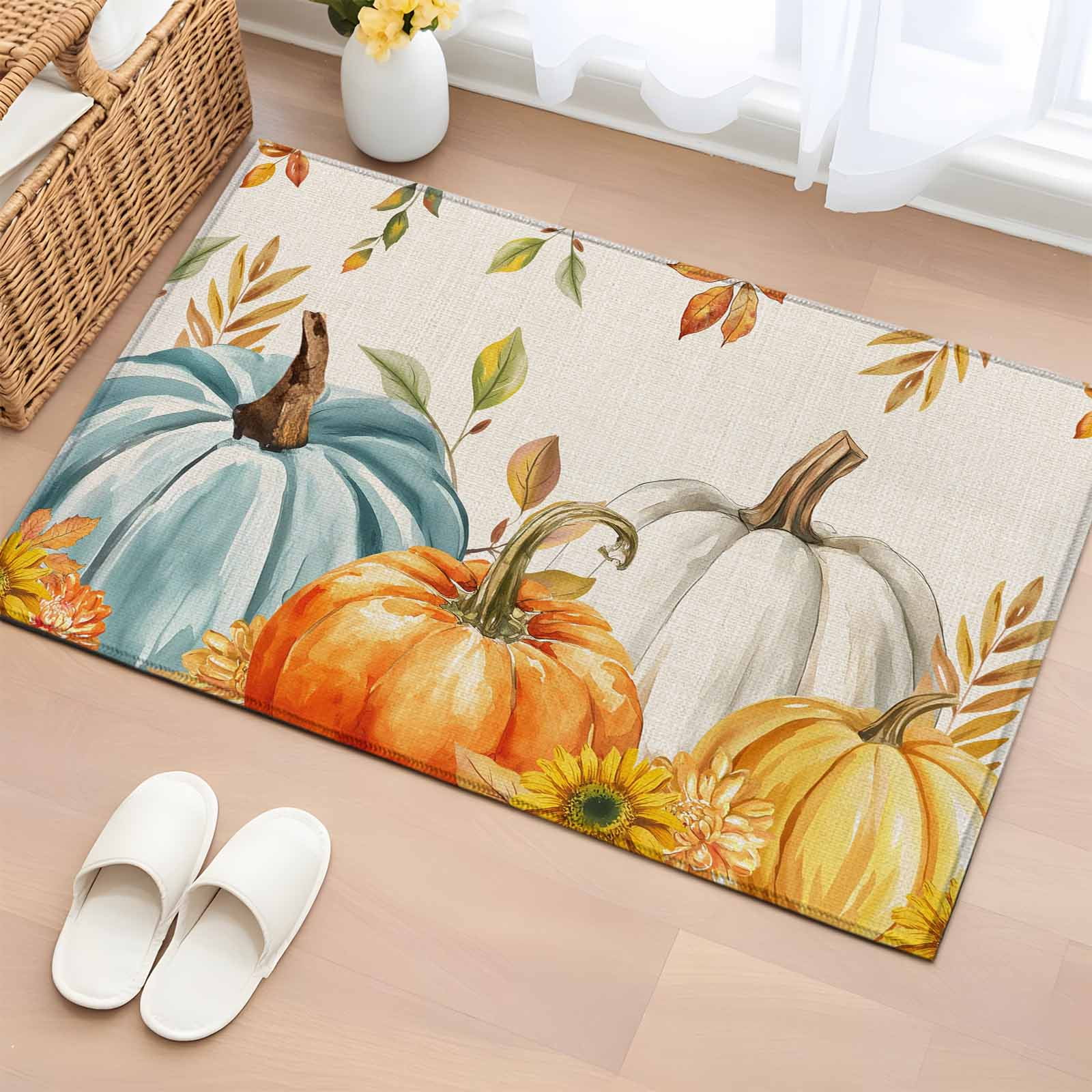 2x3 Door Mat Rug, Orange White Pumpkin Fall Non-Skid Rubber Backing ...