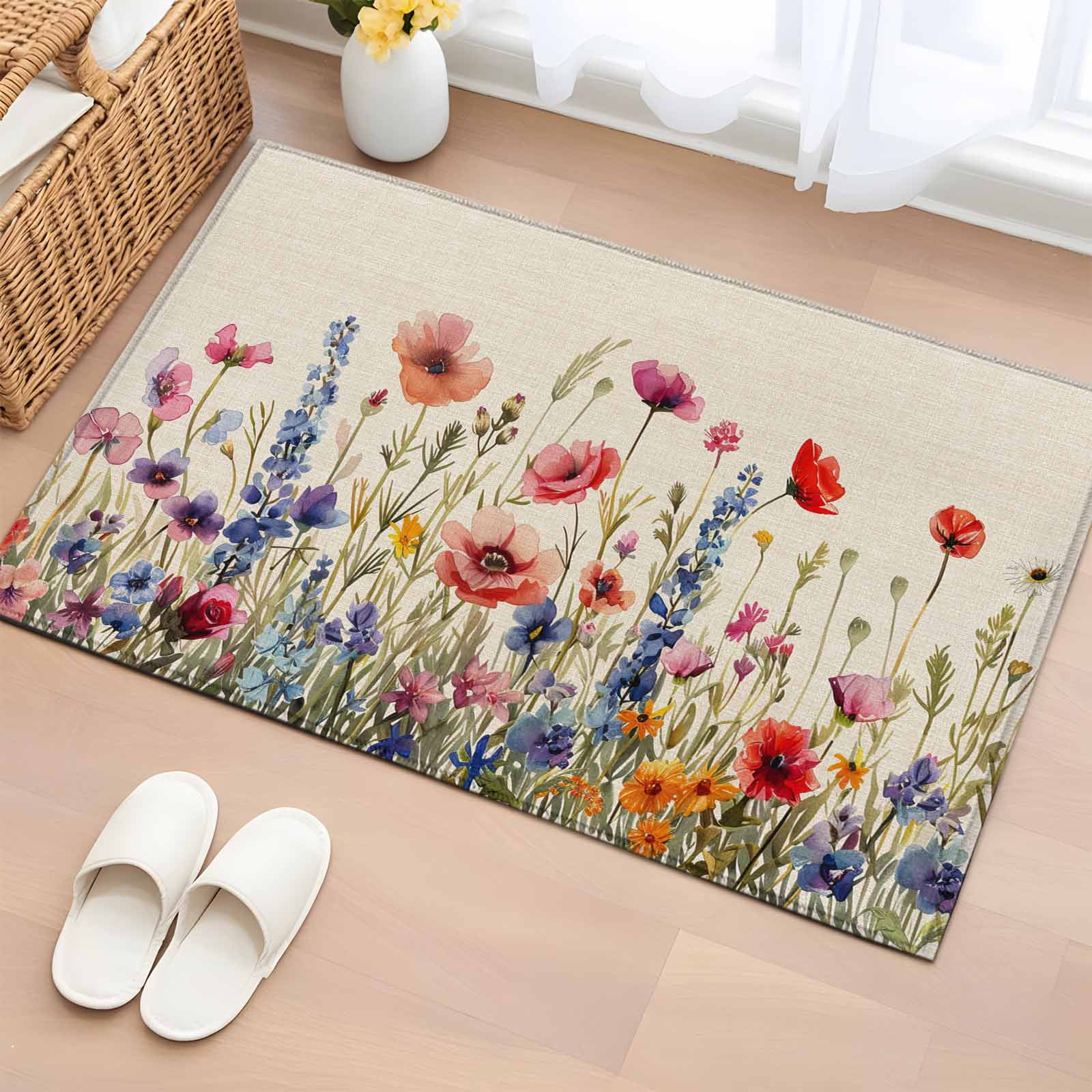 2x3 Door Mat Rug, Pastoral Spring Floral Non-Skid Rubber Backing Large ...