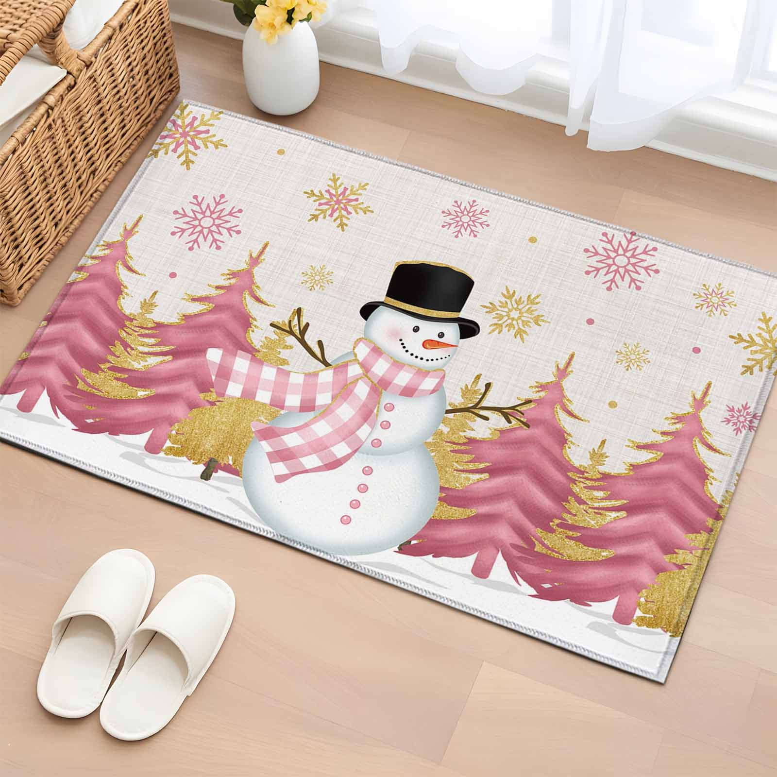 2x3 Door Mat Rug, Pink Snowman, Non-Skid Rubber Backing Large Rectangle ...