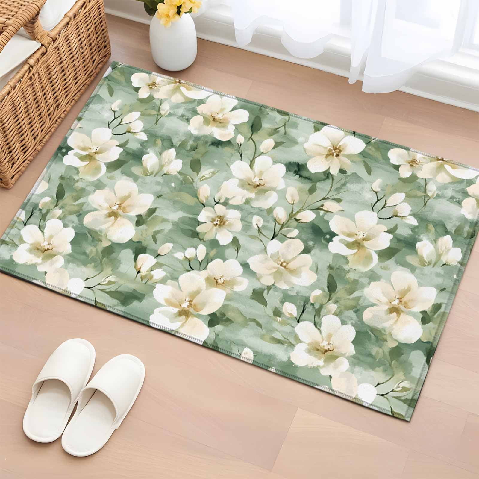 2x3 Door Mat Rug, Sage Green Spring Floral Non-Skid Rubber Backing ...