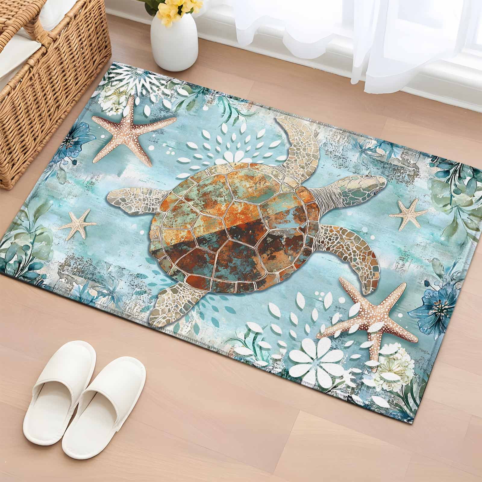 2x3 Door Mat Rug, Sea Turtle Coastal Non-Skid Rubber Backing Large ...
