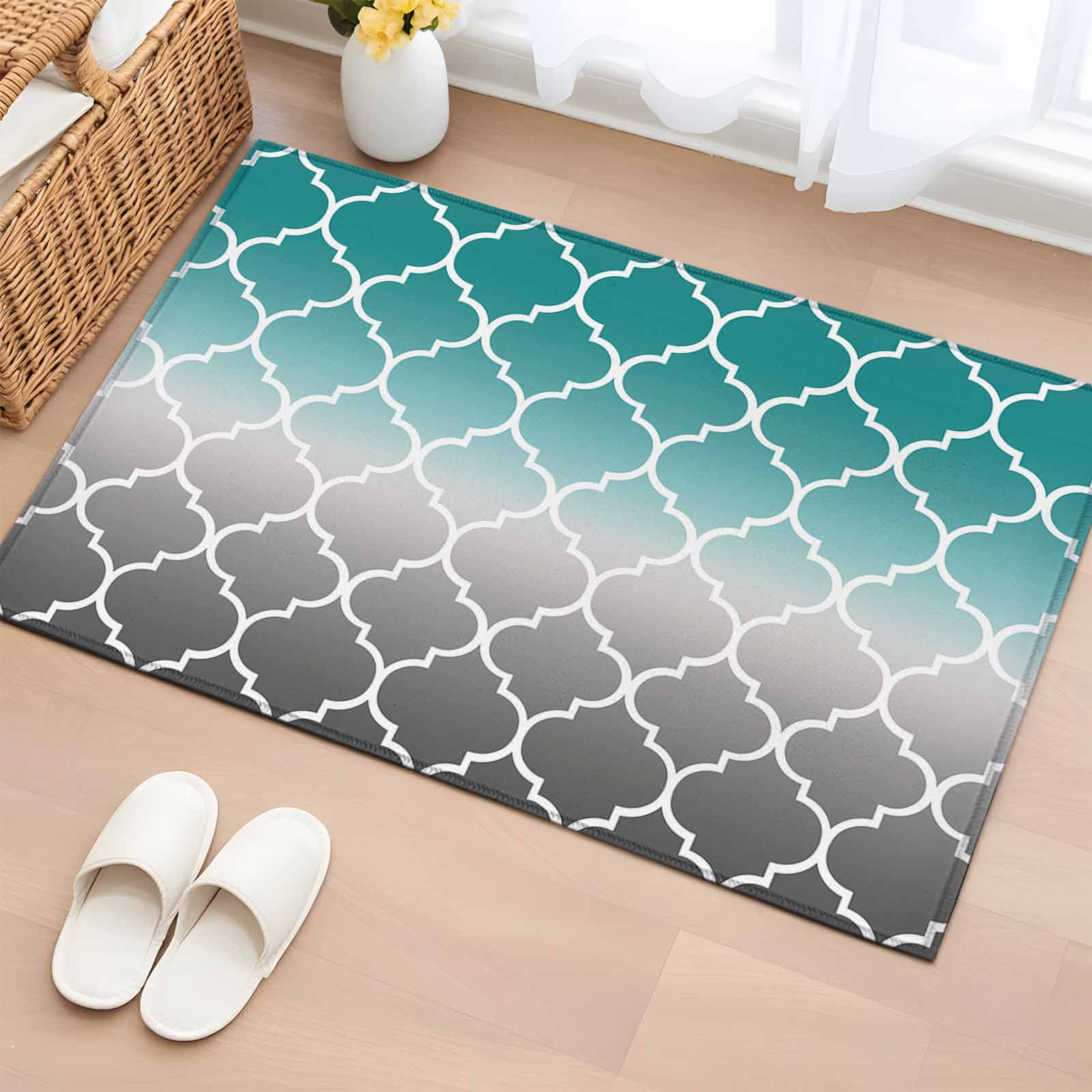 2x3 Door Mat Rug, Teal Grey Ombre Morocco Pattern Non-Skid Rubber ...