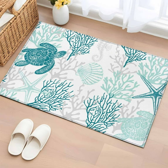 2x3 Door Mat Rug, Turquoise Coastal Non-Skid Rubber Backing Large ...