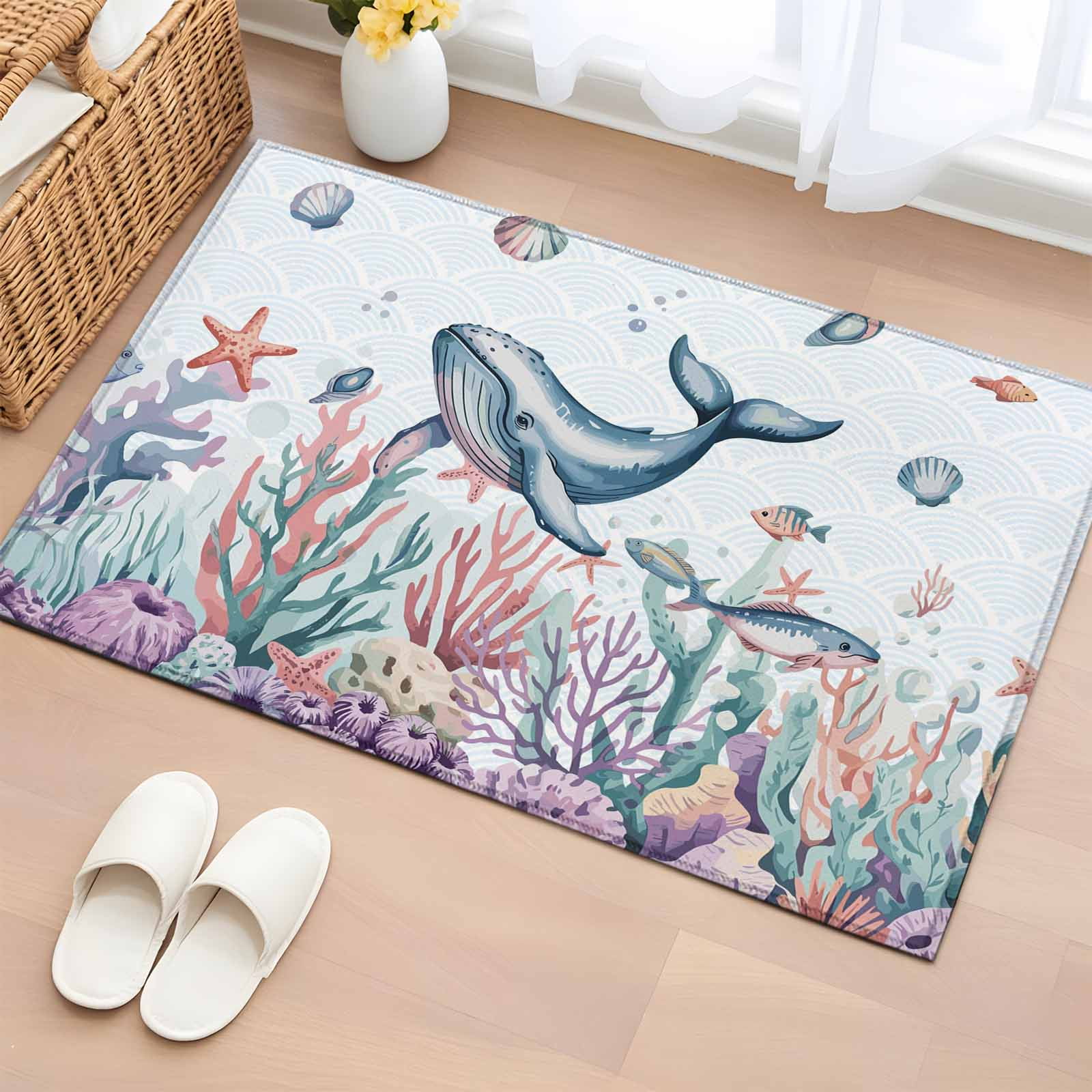 2x3 Door Mat Rug, Whale Coastal Non-Skid Rubber Backing Large Rectangle ...