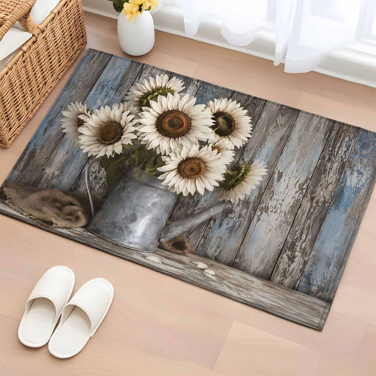 2x3 Door Mat Rug, White Daisy Non-Skid Rubber Backing Large Rectangle ...