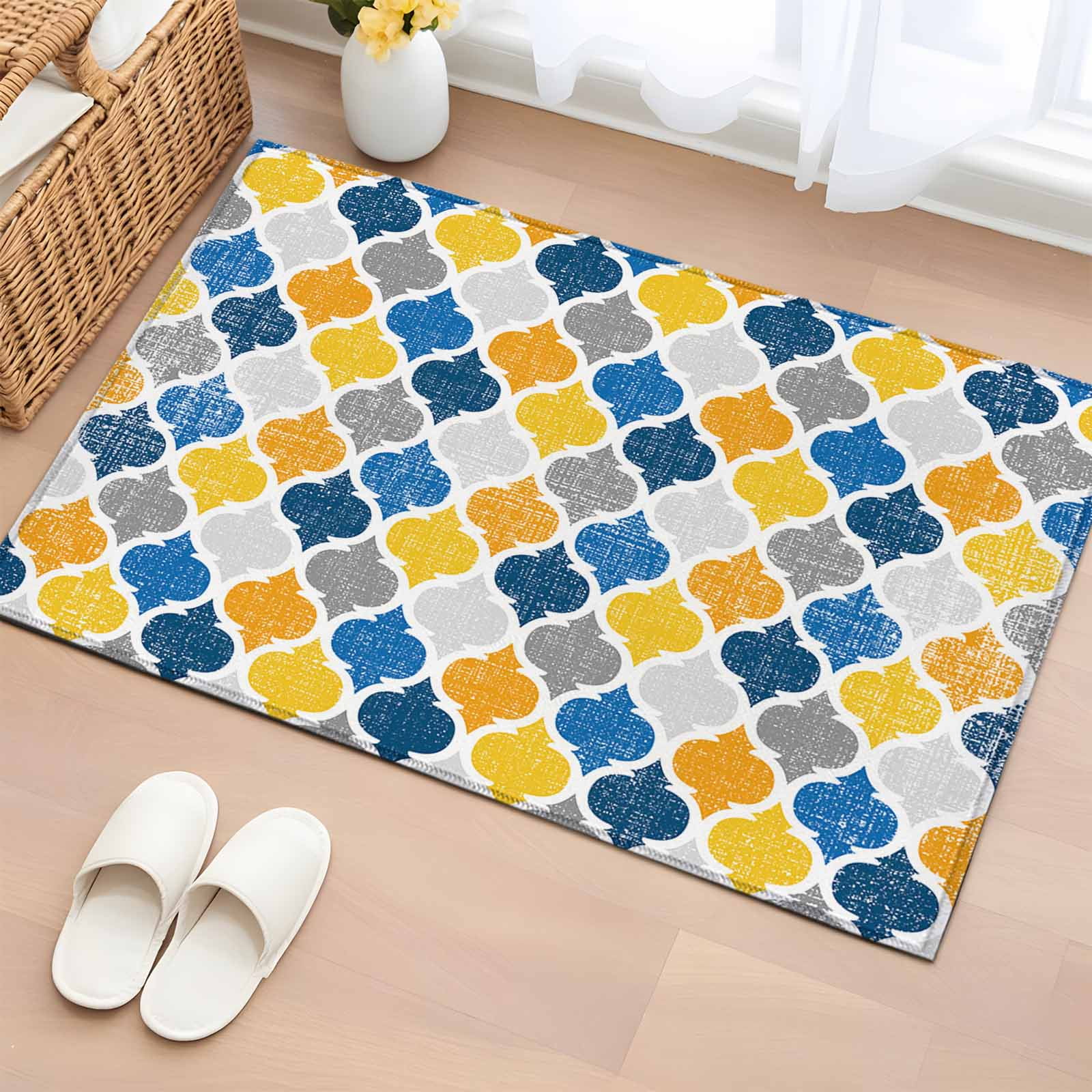 2x3 Door Mat Rug, Yellow Blue Morocco Pattern Non-Skid Rubber Backing ...