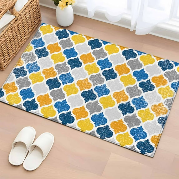 2x3 Door Mat Rug, Yellow Blue Morocco Pattern Non-Skid Rubber Backing ...
