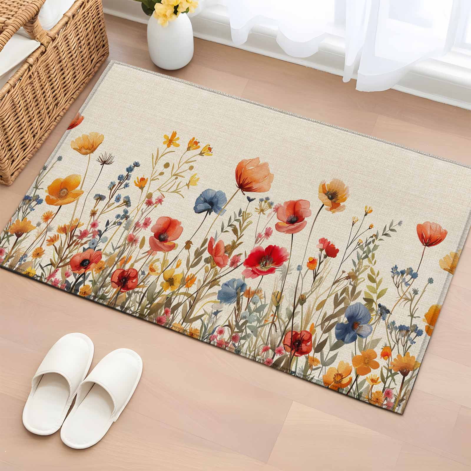 2x3 Door Mat Rug, Yellow Red Blue Spring Floral Non-Skid Rubber Backing ...