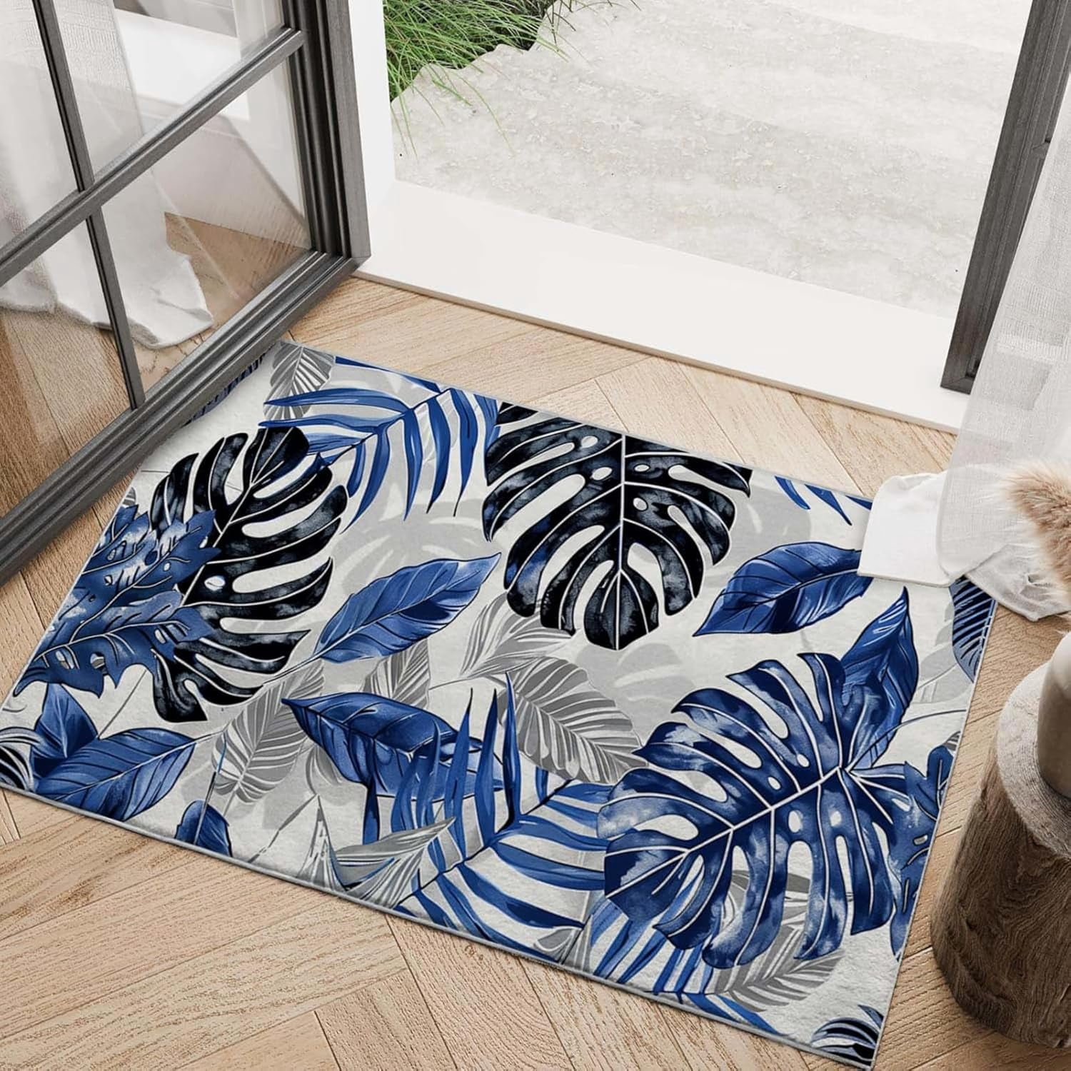 2x3 Entryway Rug Botanical Tropical Leaf Navy Blue Grey Area Rug Ultra ...
