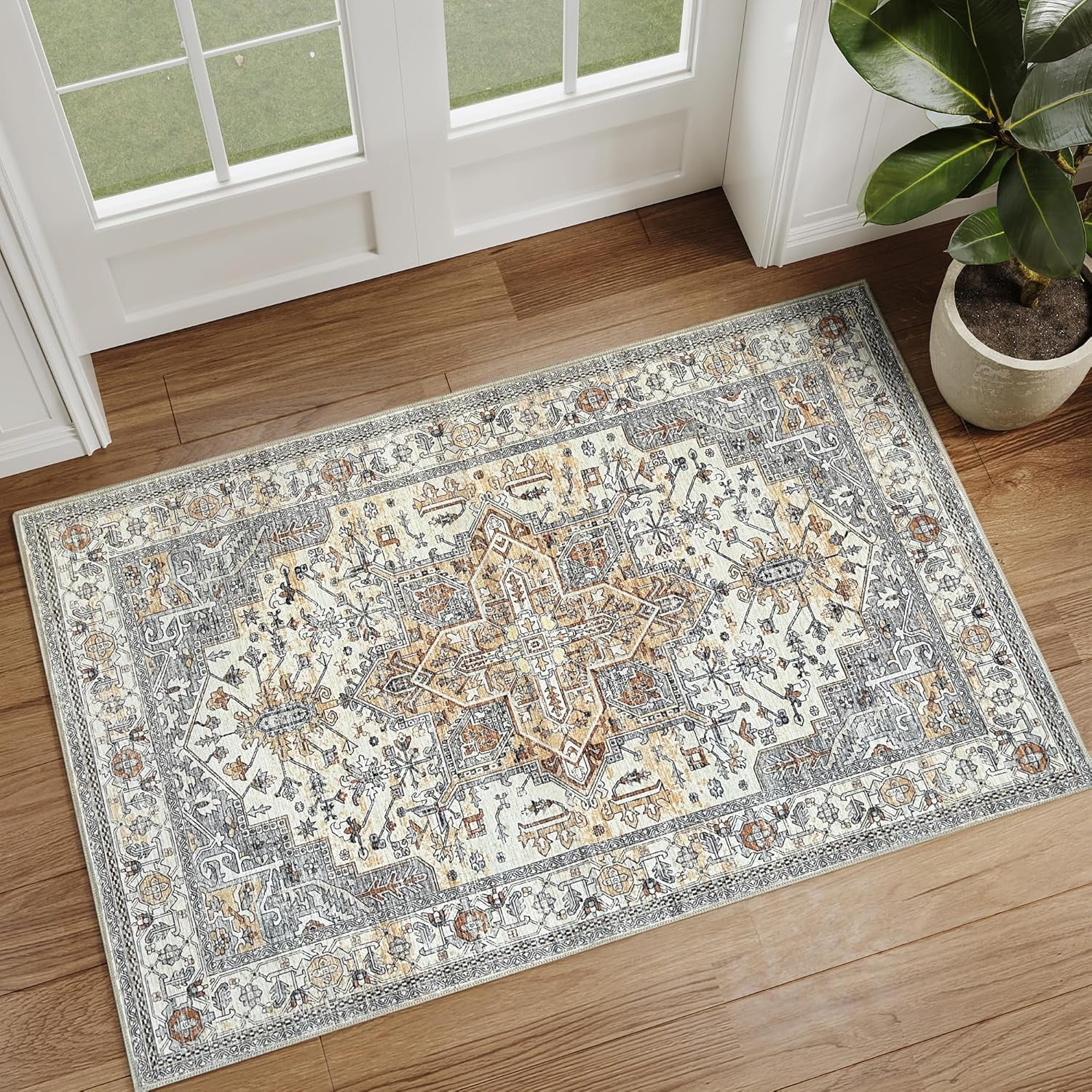 2x3 Entryway Rug Machine Washable Vintage Area Rug Beige Small Rugs ...